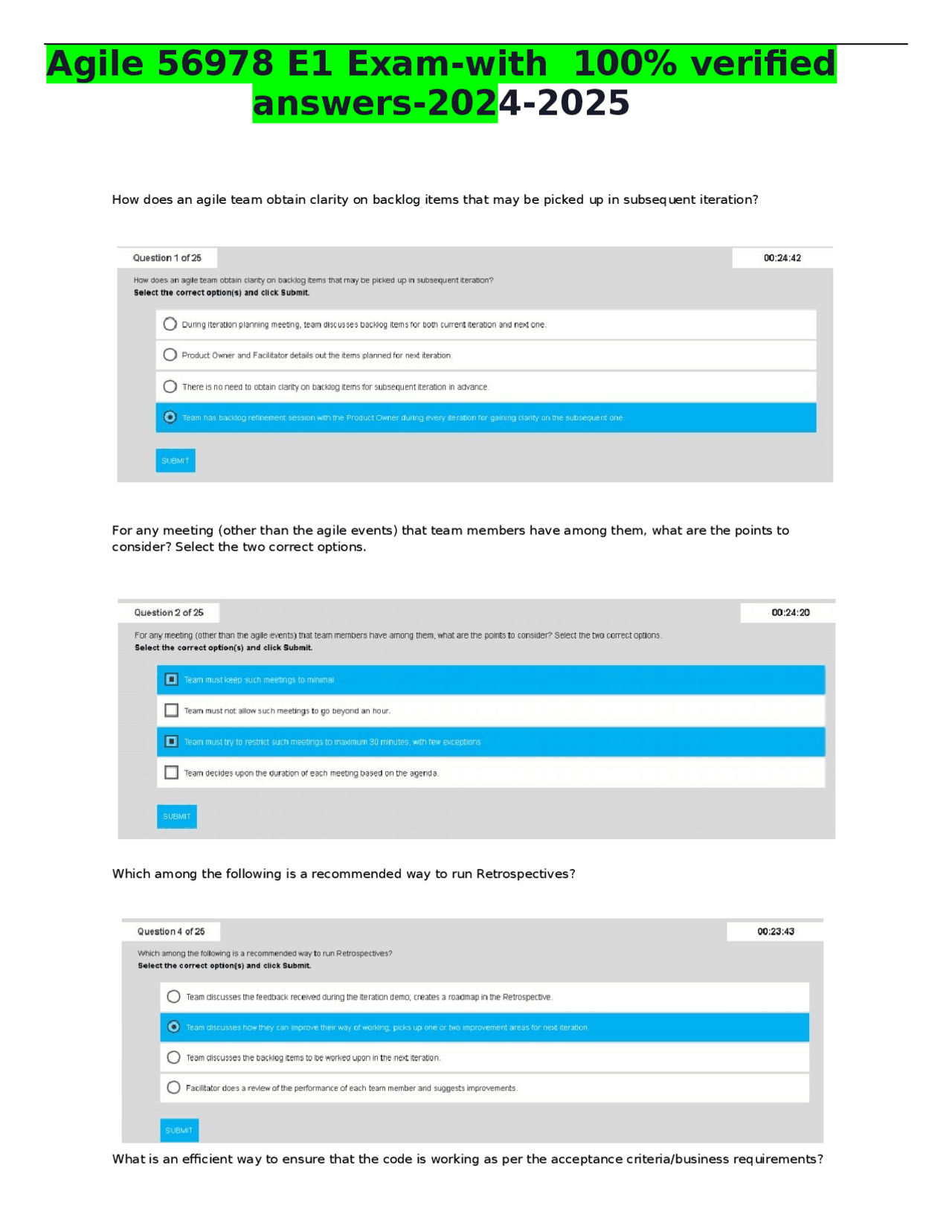 Agile 56978 E1 Exam-with 100% verified answers-2024-2025.docx | Exams Computer Science | Docsity