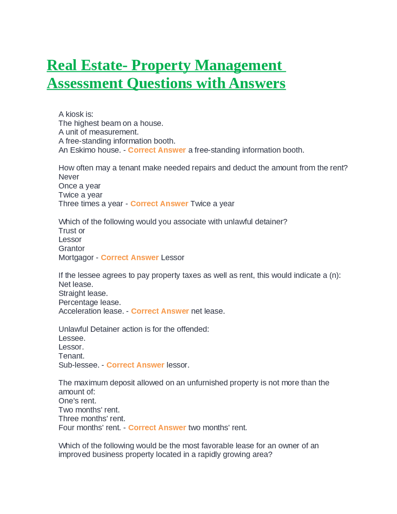 Real Estate- Property Management Assessment Questions with Answers ...
