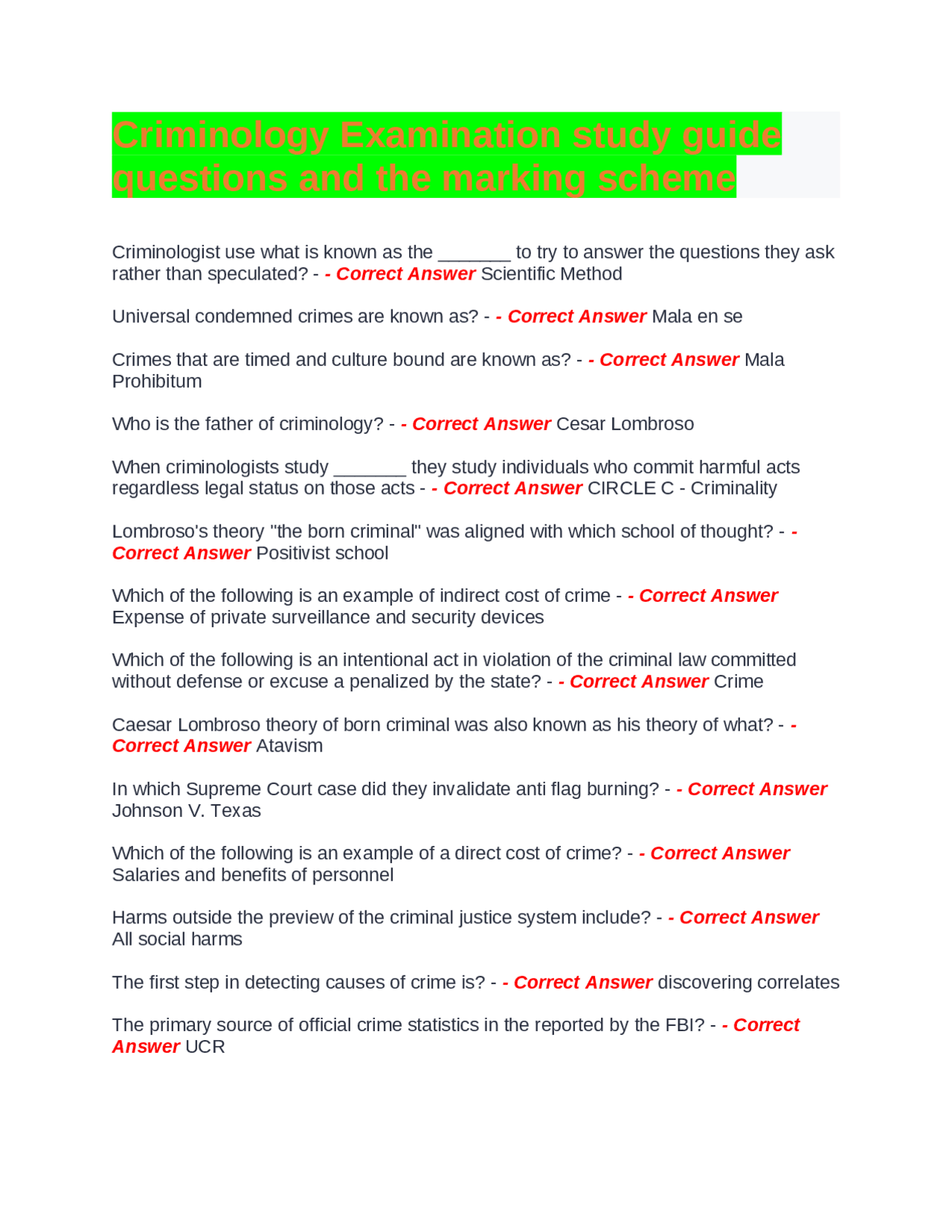 Criminology Examination study guide questions and the marking scheme ...