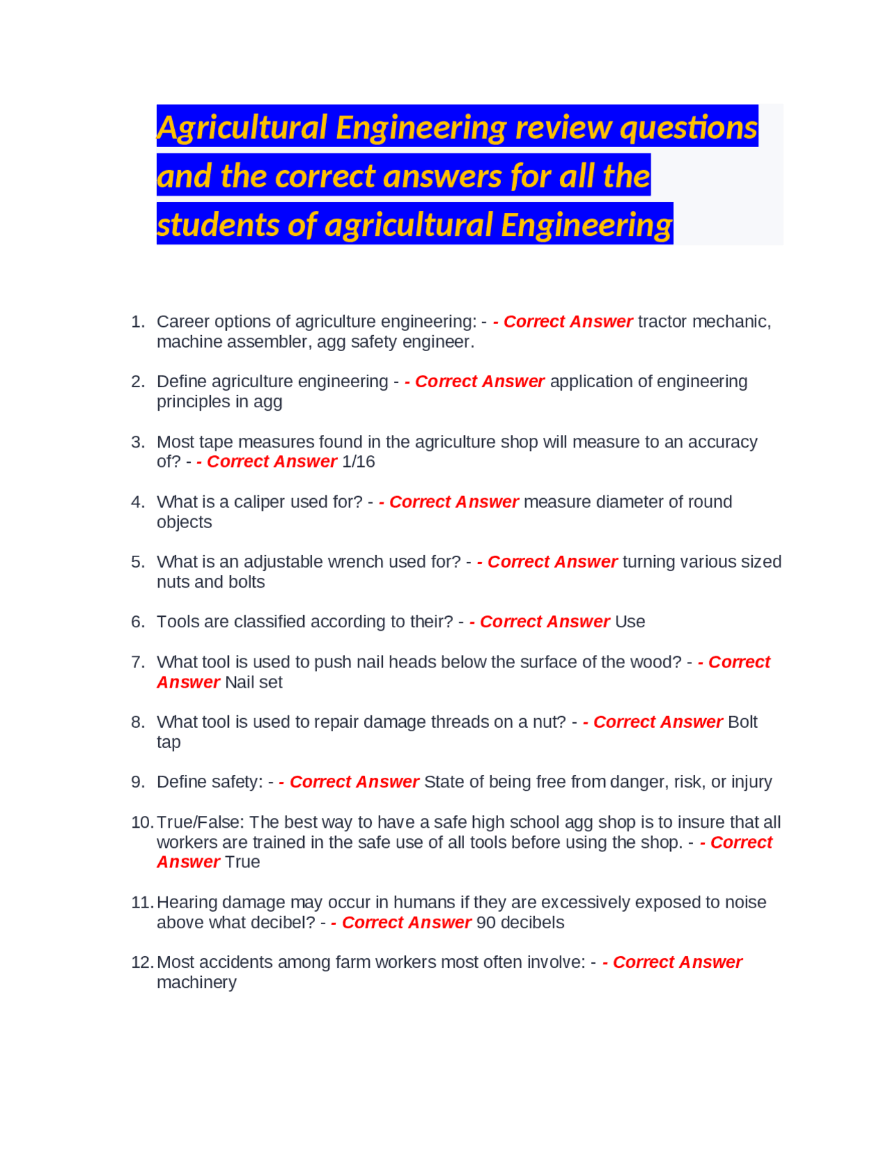 Agricultural Engineering review questions and the correct answers for ...
