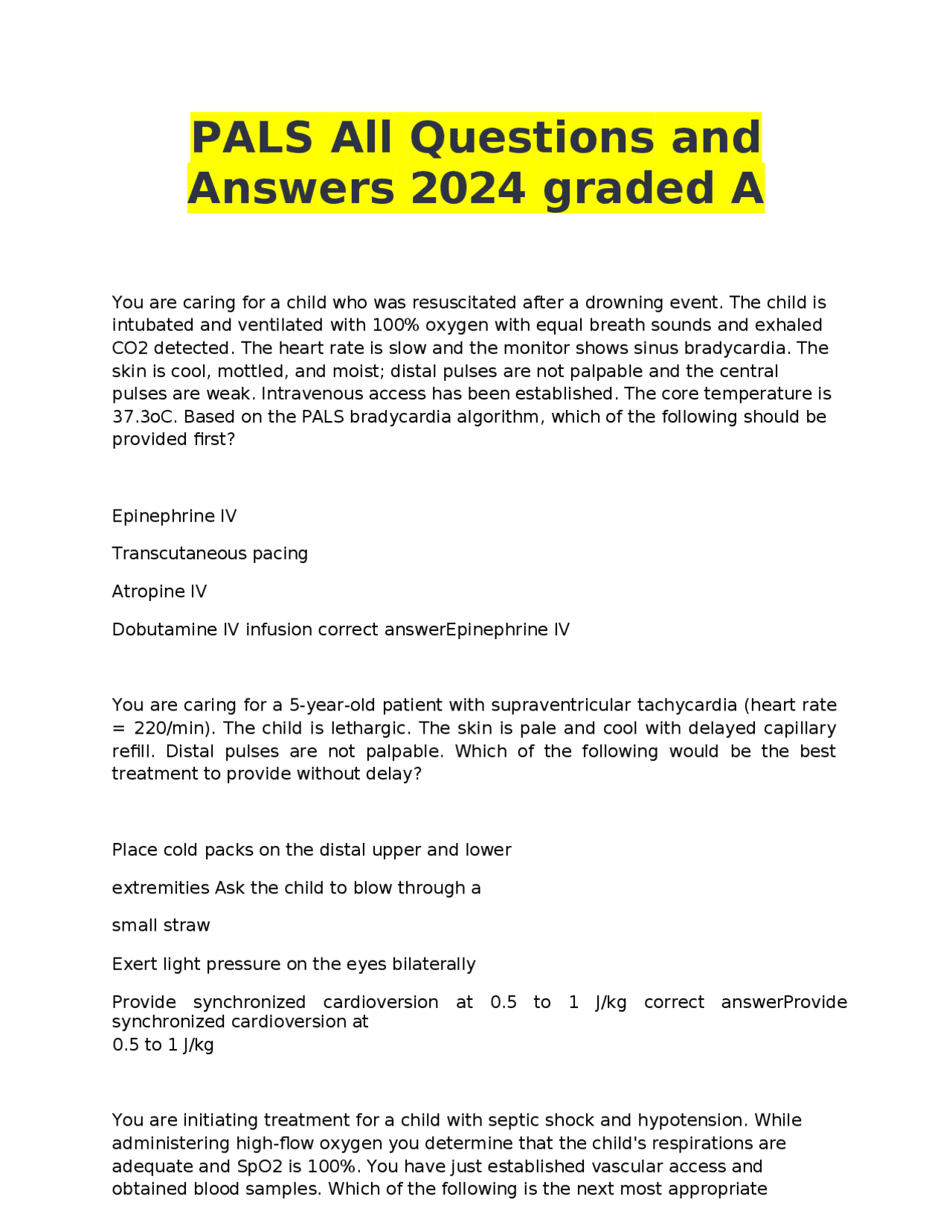 PALS All Questions and Answers 2024 graded A | Exams Nursing | Docsity