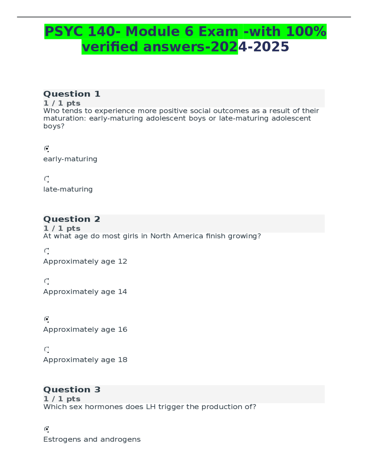 PSYC 140- Module 6 Exam -with 100% verified answers-2024-2025.docx | Exams Nursing | Docsity