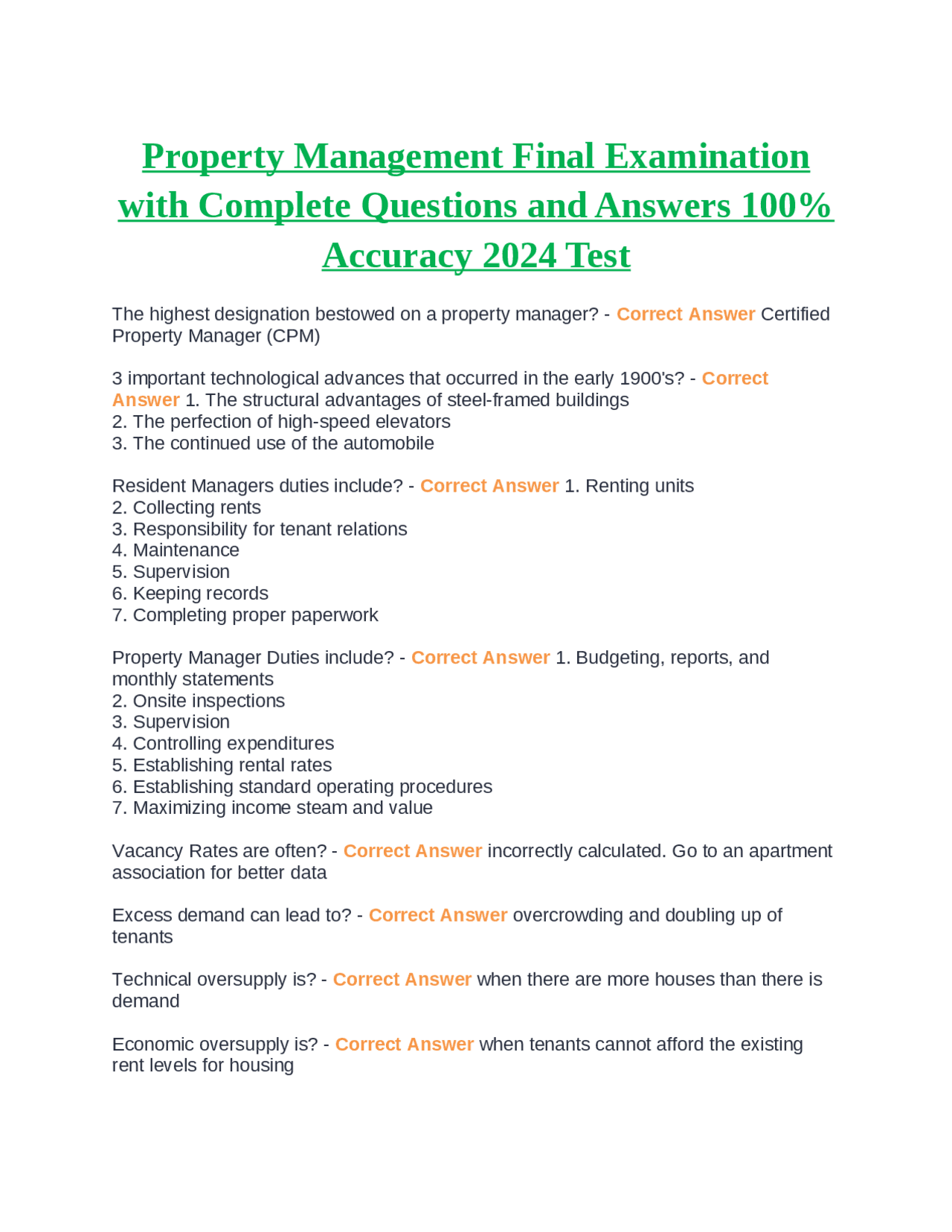 Property Management Final Examination with Complete Questions and ...