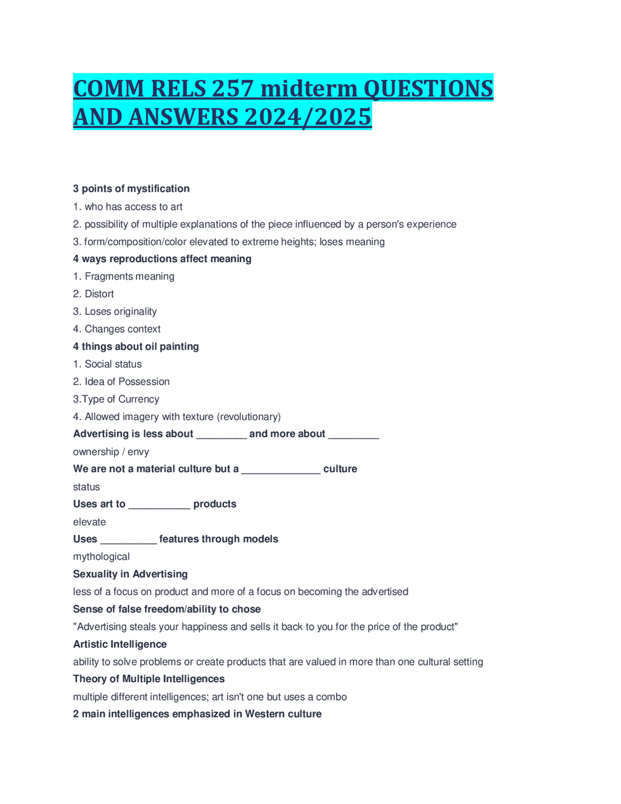 COMM RELS 257 midterm QUESTIONS AND ANSWERS 2024/2025 | Exams History | Docsity