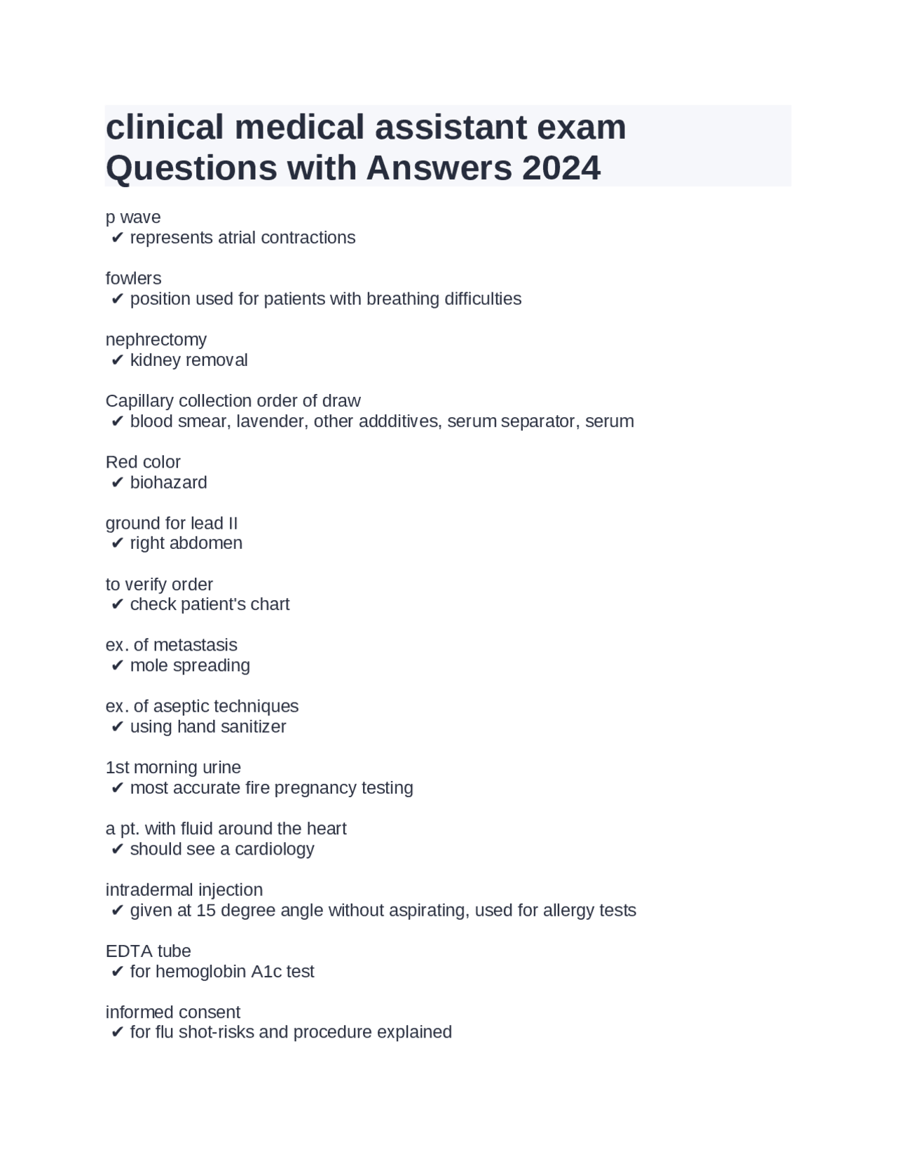 clinical medical assistant exam Questions with Answers 2024 | Exams ...