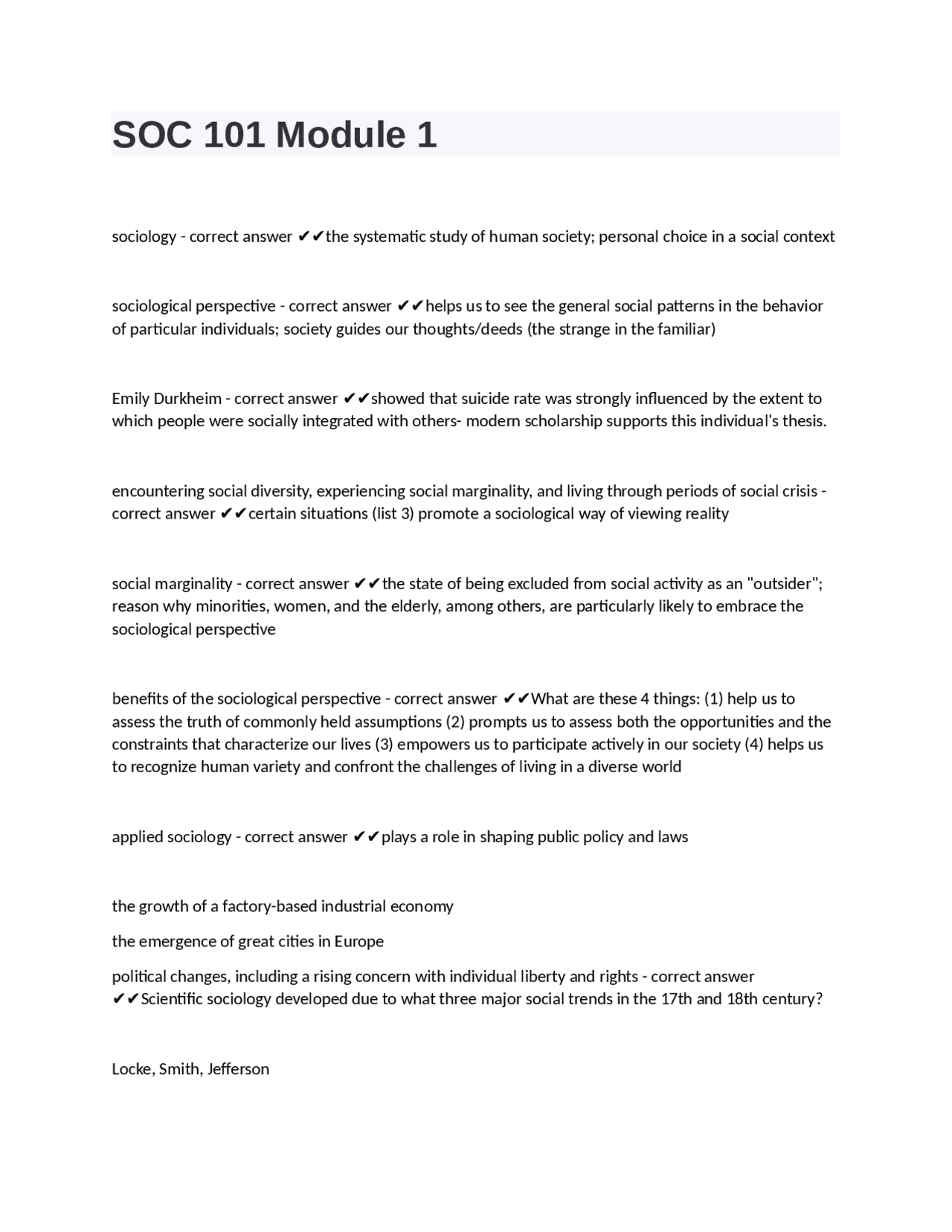 SOC 101 Module 1 well answered to pass | Exams Nursing | Docsity