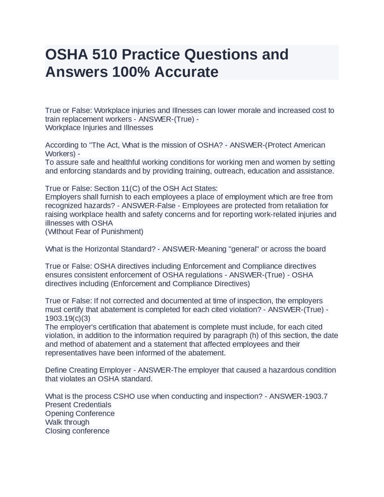 OSHA 510 Practice Questions and Answers 100% Accurate | Exams Workplace ...