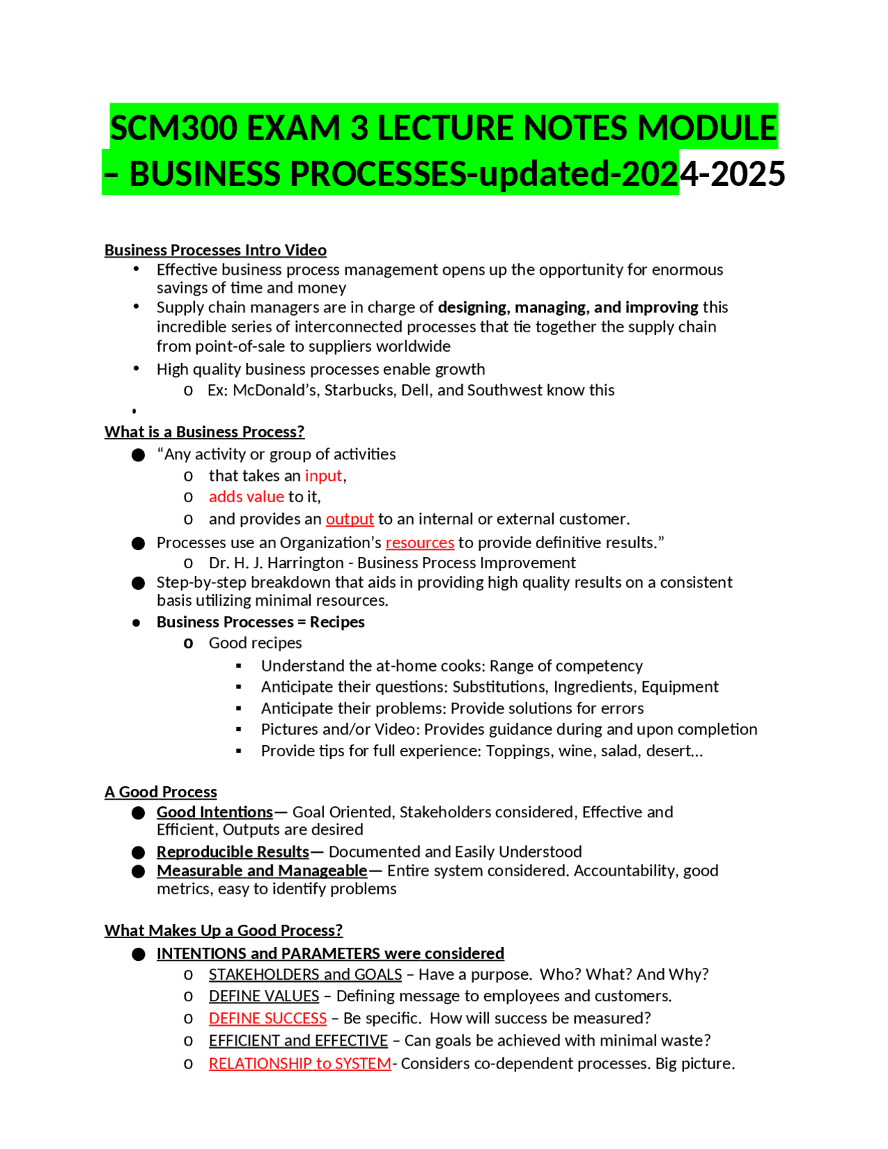SCM300 EXAM 3 LECTURE NOTES MODULE – BUSINESS PROCESSES-updated-2024 ...