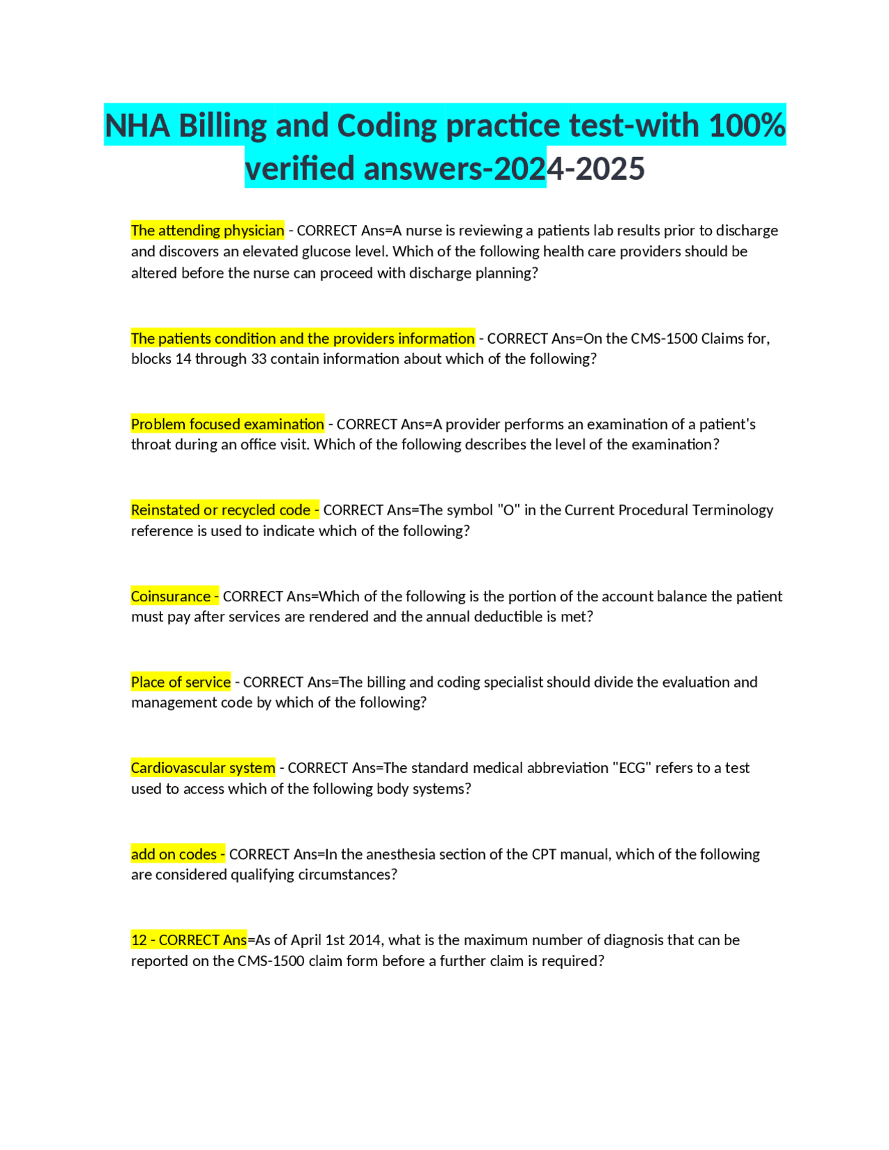 NHA Billing and Coding practice test-with 100% verified answers-2024 ...