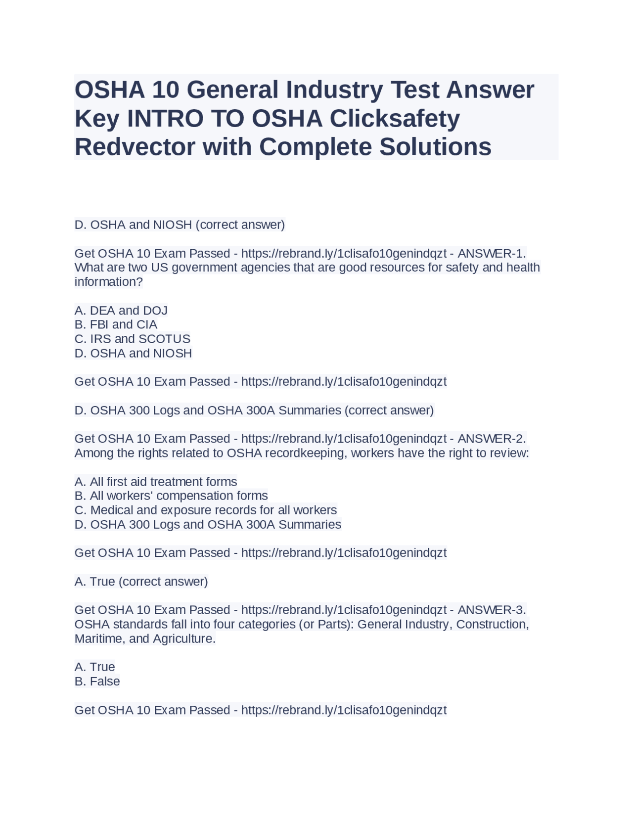 OSHA 10 General Industry Test Answer Key INTRO TO OSHA Clicksafety ...