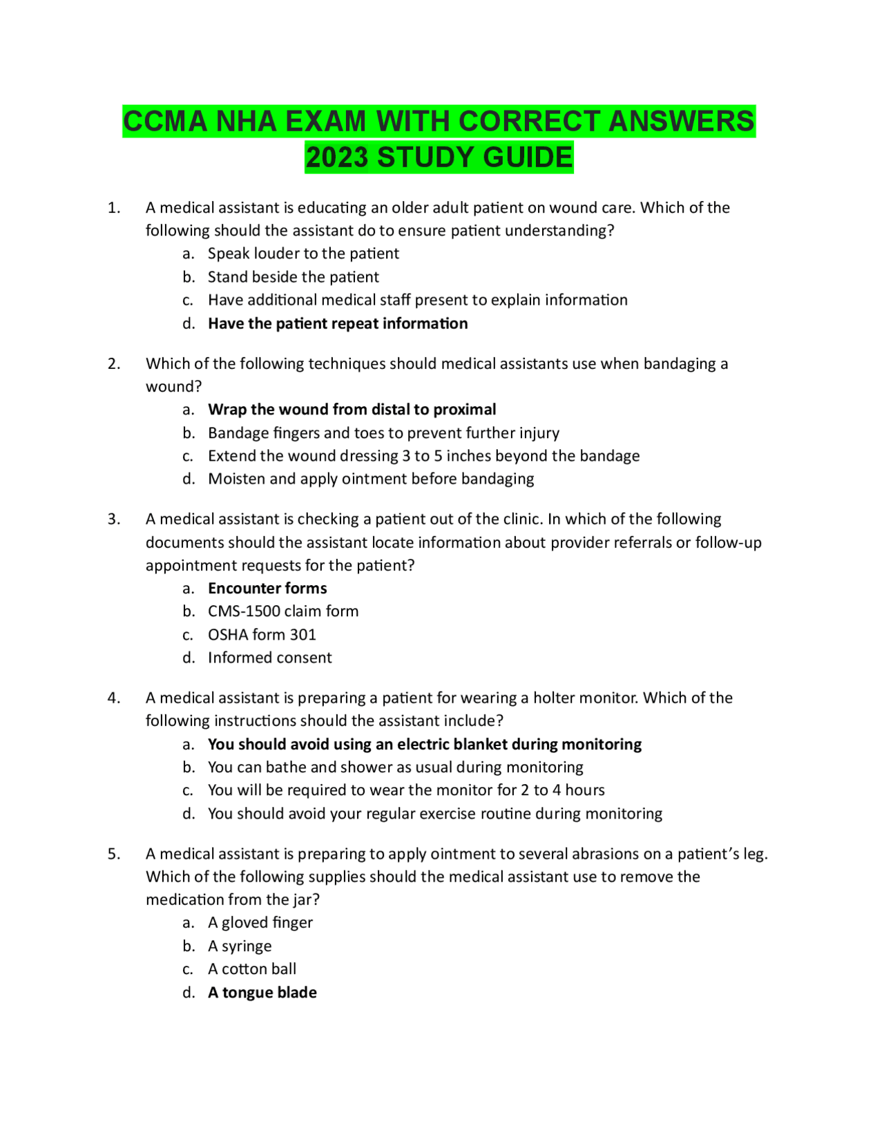 CCMA NHA EXAM WITH CORRECT ANSWERS 2023-2024 STUDY GUIDE | Exams ...