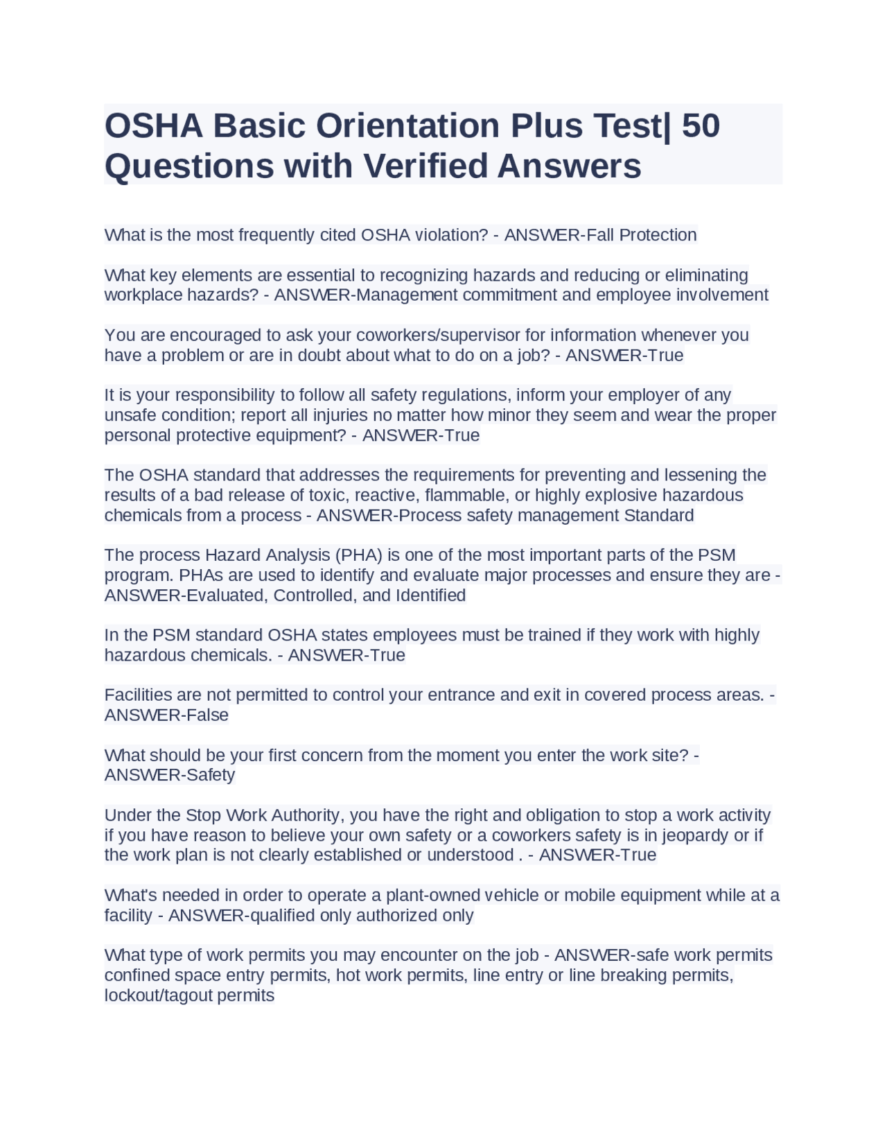 OSHA Basic Orientation Plus Test| 50 Questions with Verified Answers ...