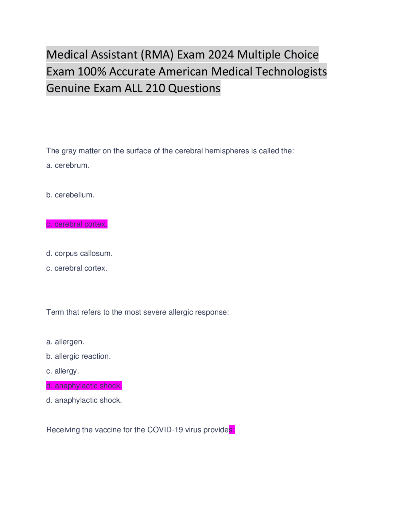 Medical Assistant (RMA) Exam 2024 Multiple Choice Exam 100% Accurate ...