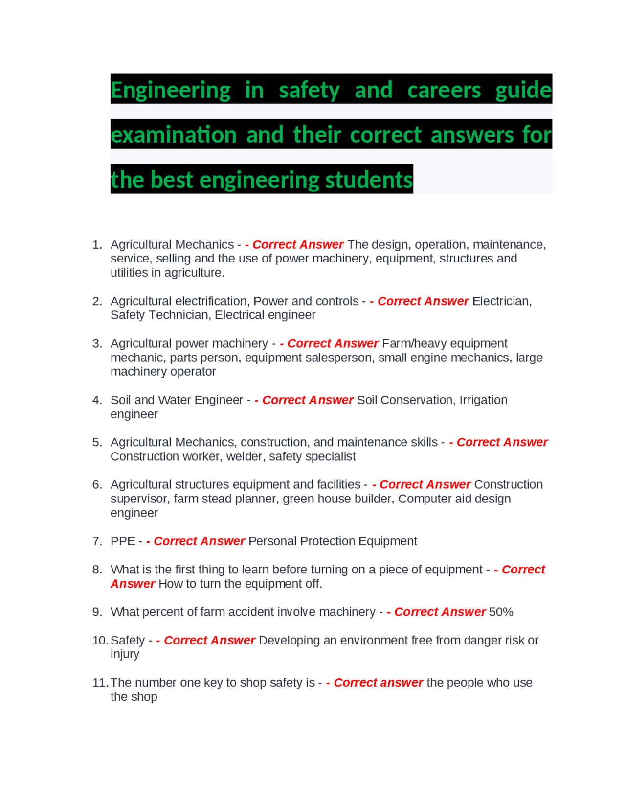 Engineering in safety and careers guide examination and their correct answers for the best ...