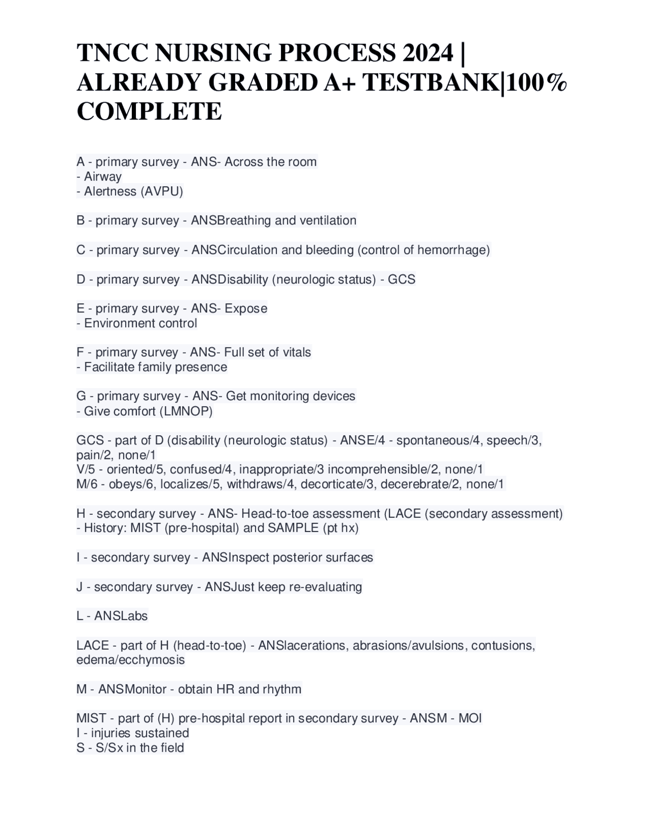 TNCC Nursing Process 2024 Already Graded A+ TESTBANK | Exams Nursing ...
