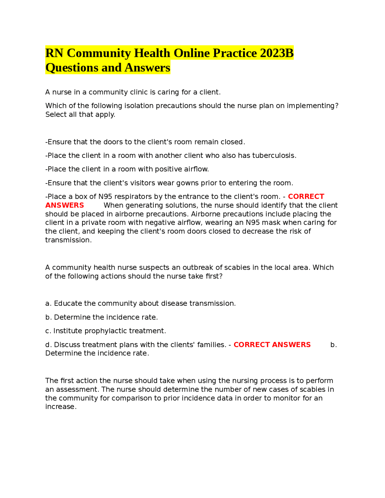 RN Community Health Online Practice 2023B Questions and Answers | Exams ...