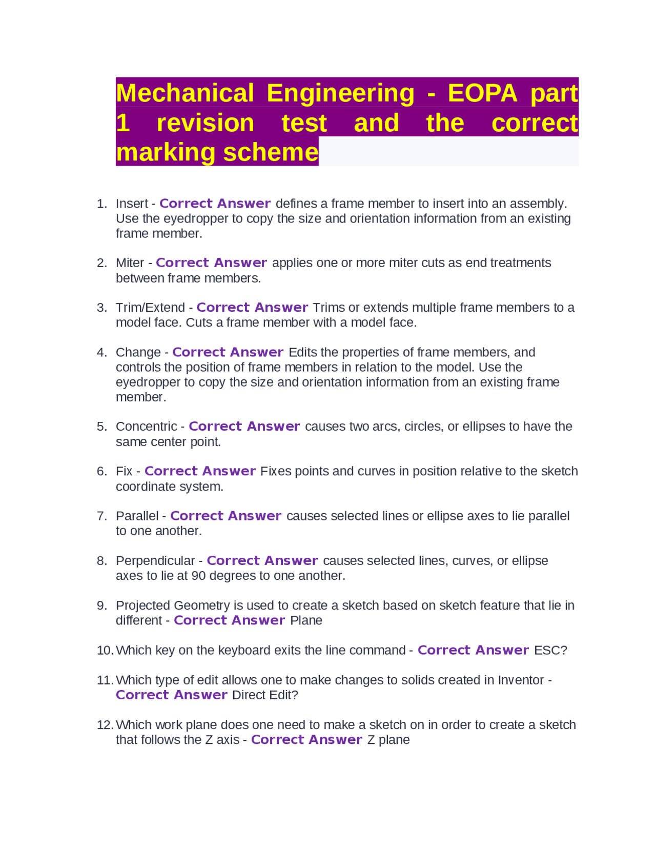 Mechanical Engineering - EOPA part 1 revision test and the correct ...