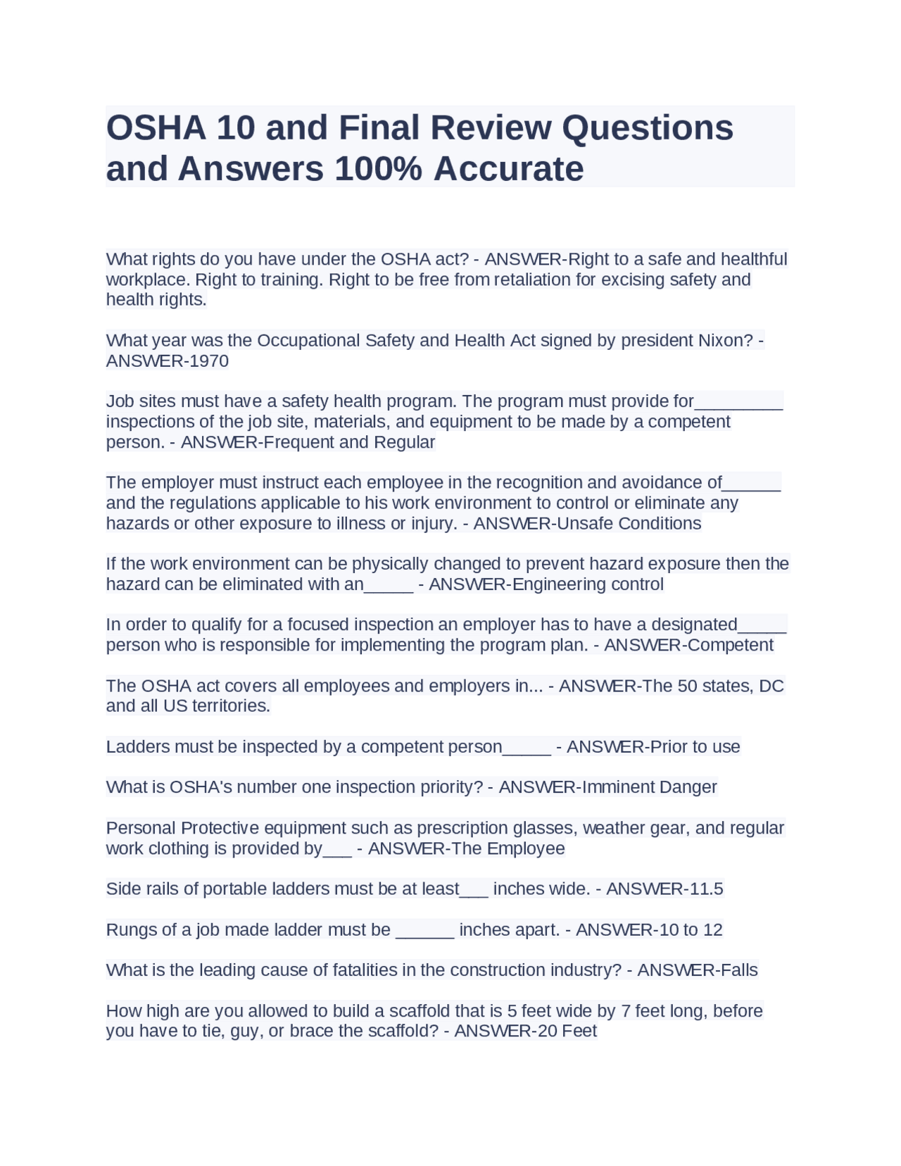 OSHA 10 and Final Review Questions and Answers 100% Accurate | Exams ...