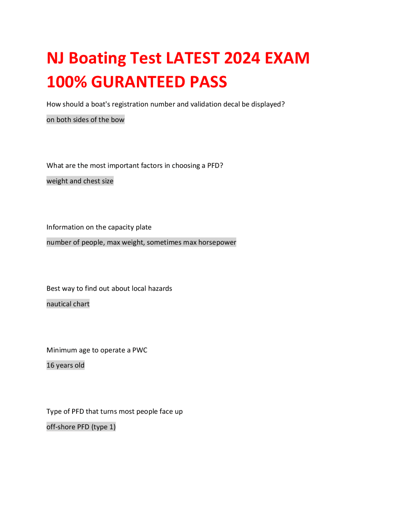 NJ Boating Test LATEST 2024 EXAM 100% GURANTEED PASS | Exams Public Law ...