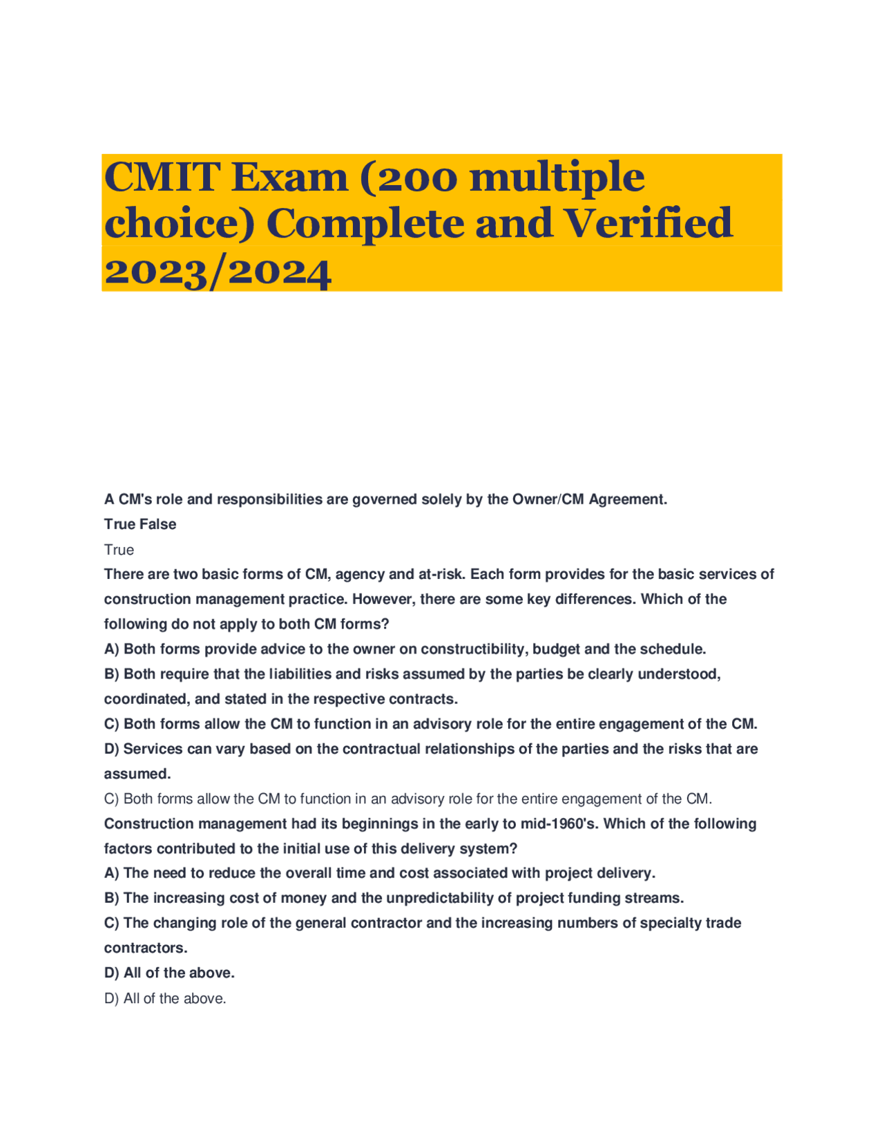 CMIT Exam (200 multiple choice) Complete and Verified 2023/2024 | Exams ...