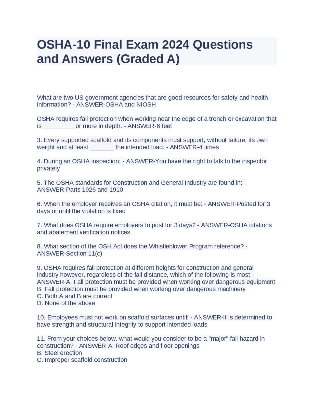 OSHA-10 Final Exam 2024 Questions and Answers (Graded A) | Exams ...