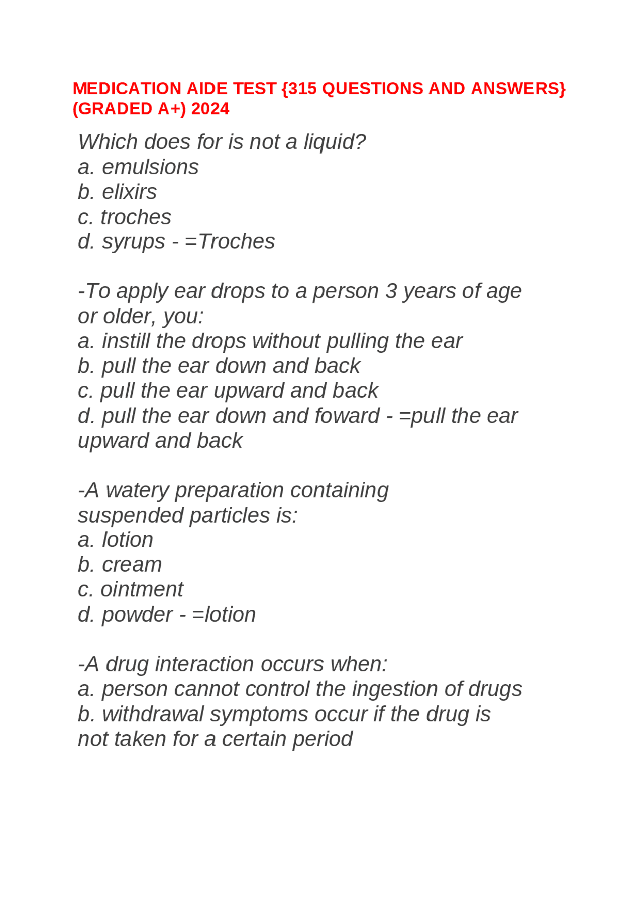 MEDICATION AIDE TEST {315 QUESTIONS AND ANSWERS} (GRADED A+) 2024 ...