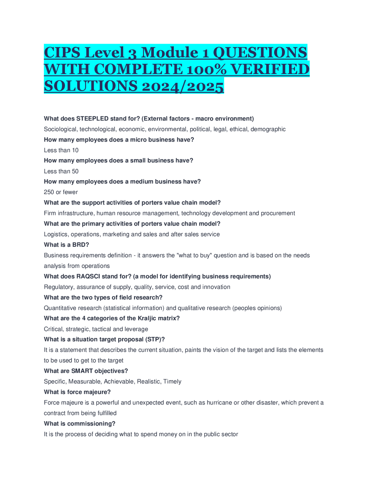 CIPS Level 3 Module 1 QUESTIONS WITH COMPLETE 100% VERIFIED SOLUTIONS ...