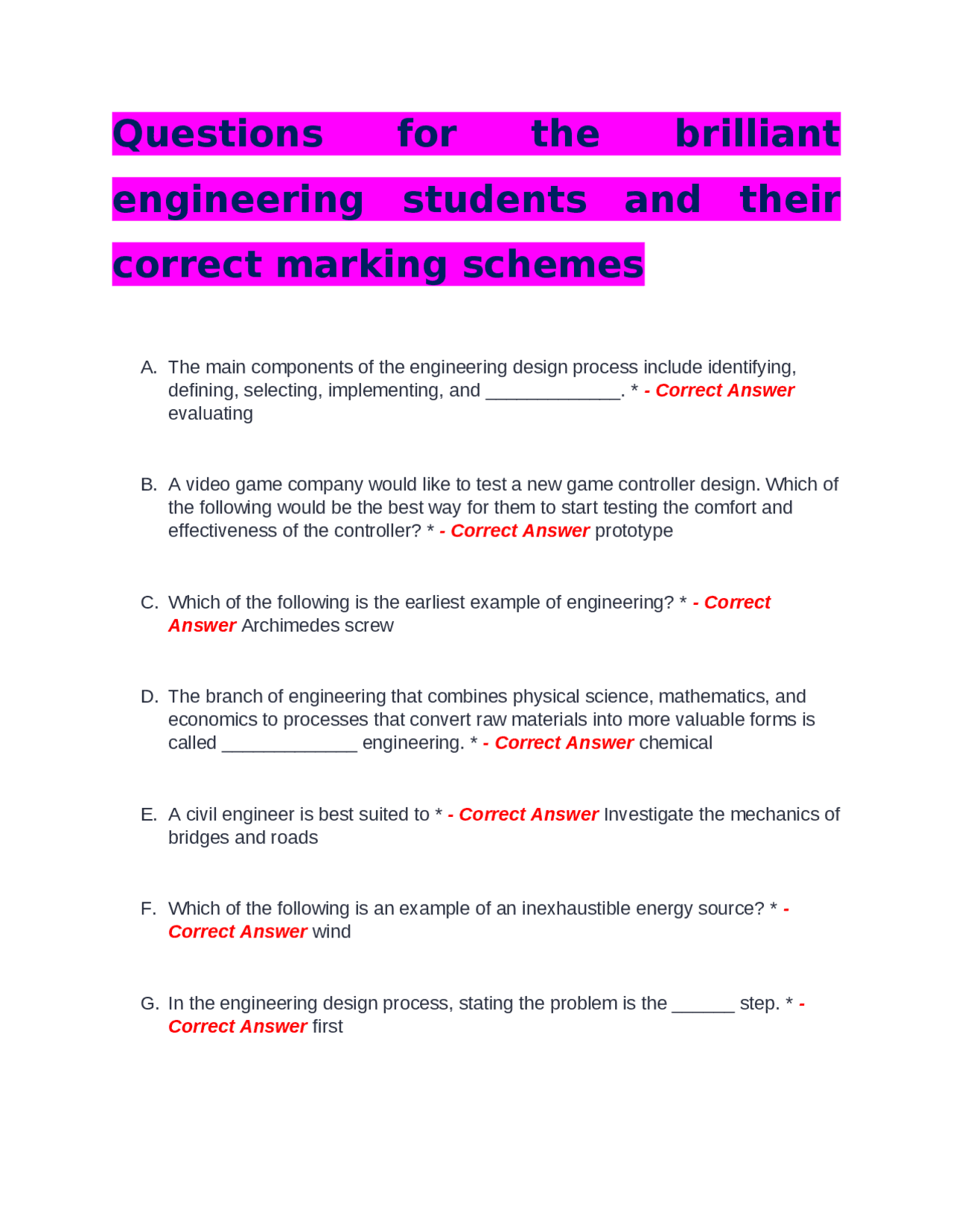 Questions for the brilliant engineering students and their correct ...