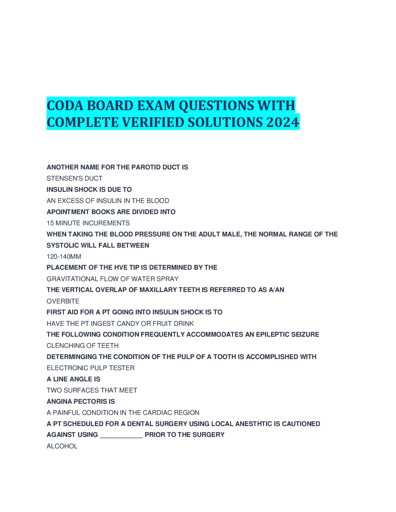 CODA BOARD EXAM QUESTIONS WITH COMPLETE VERIFIED SOLUTIONS 2024 | Exams Nursing | Docsity