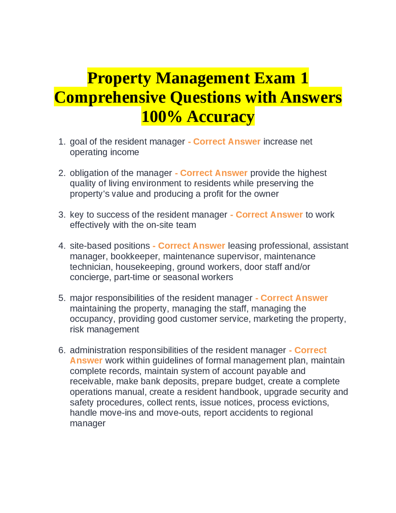 Property Management Exam 1 Comprehensive Questions with Answers 100% ...
