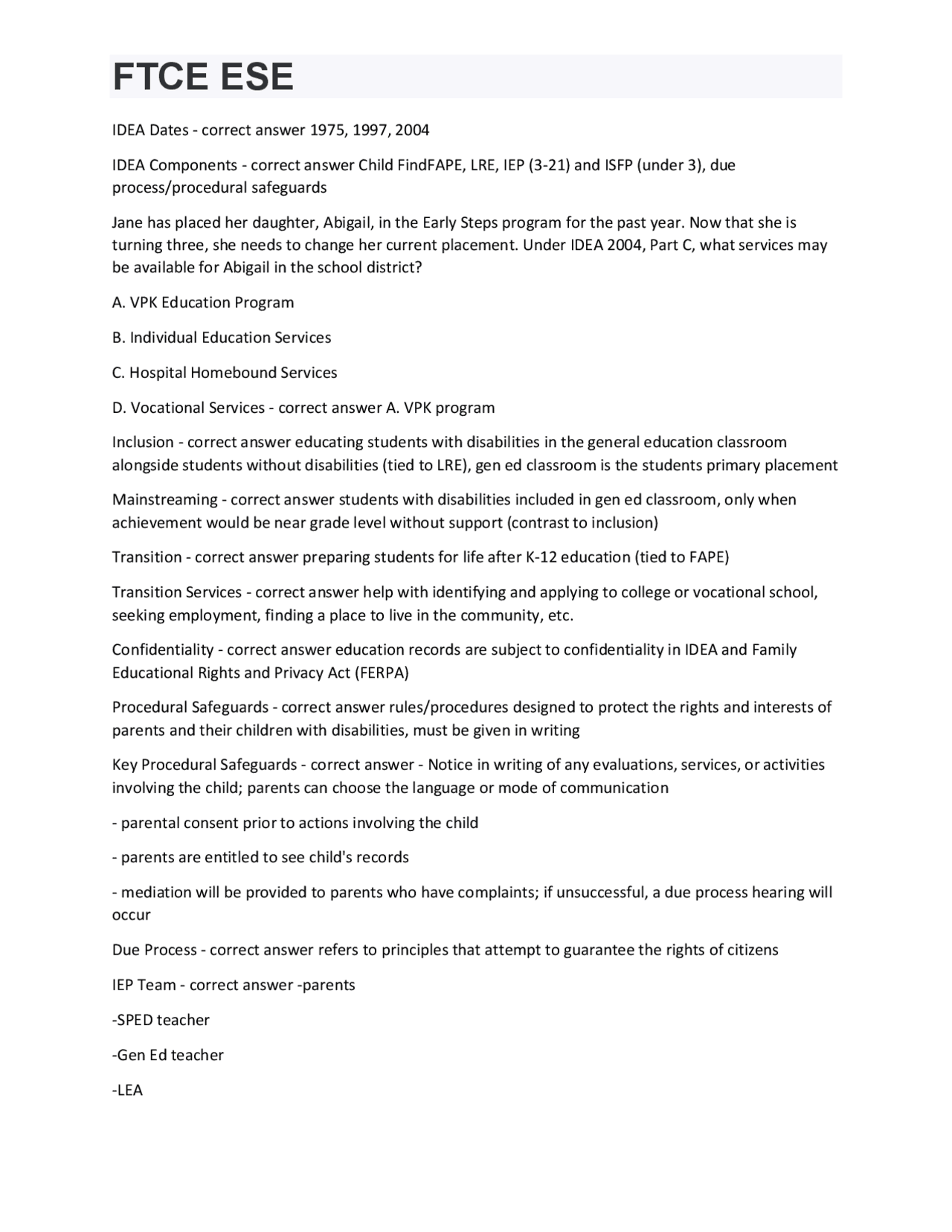 FTCE ESE 200+ QUESTIONS WITH 100% VERIFIED ANSWERS | Exams Nursing ...