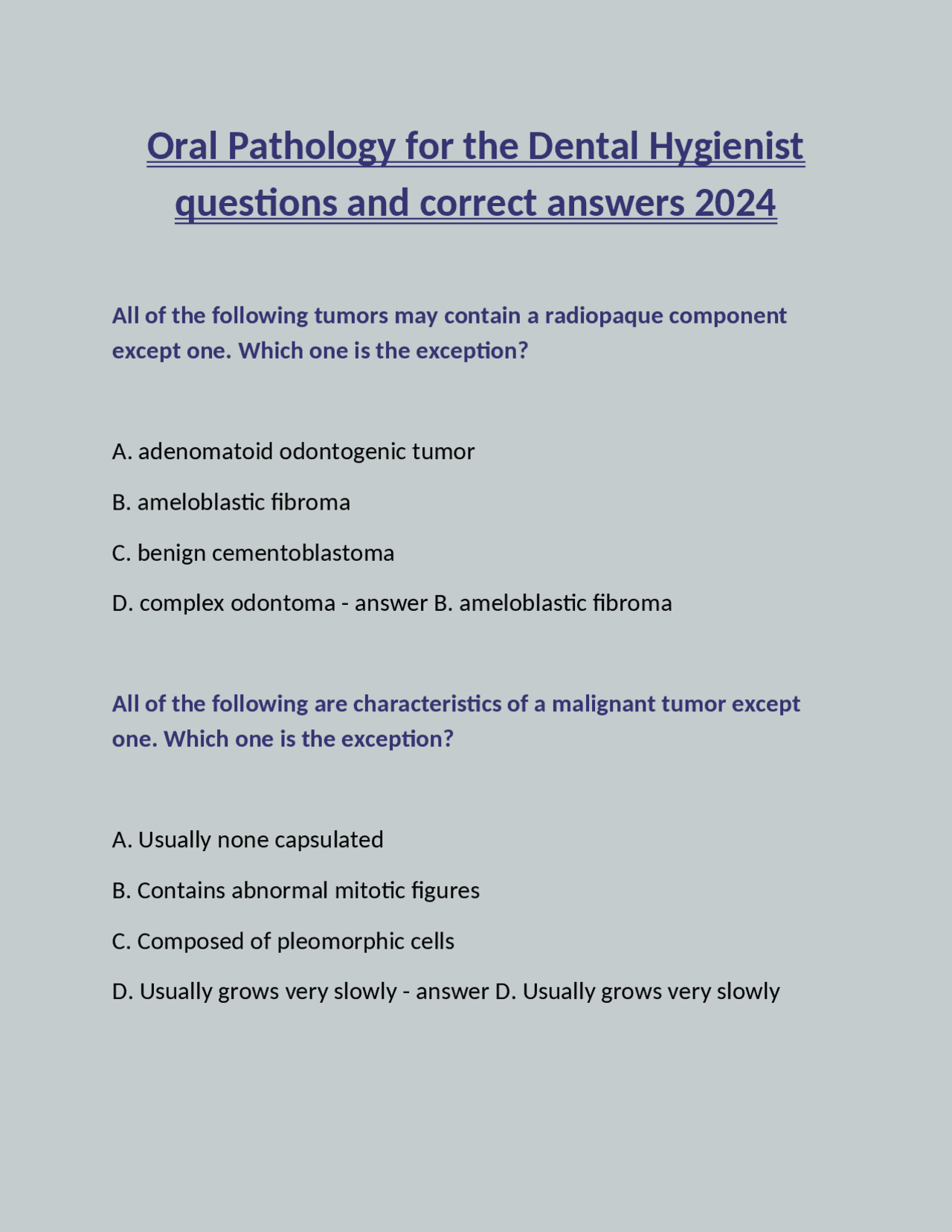Oral Pathology for the Dental Hygienist questions and correct answers ...