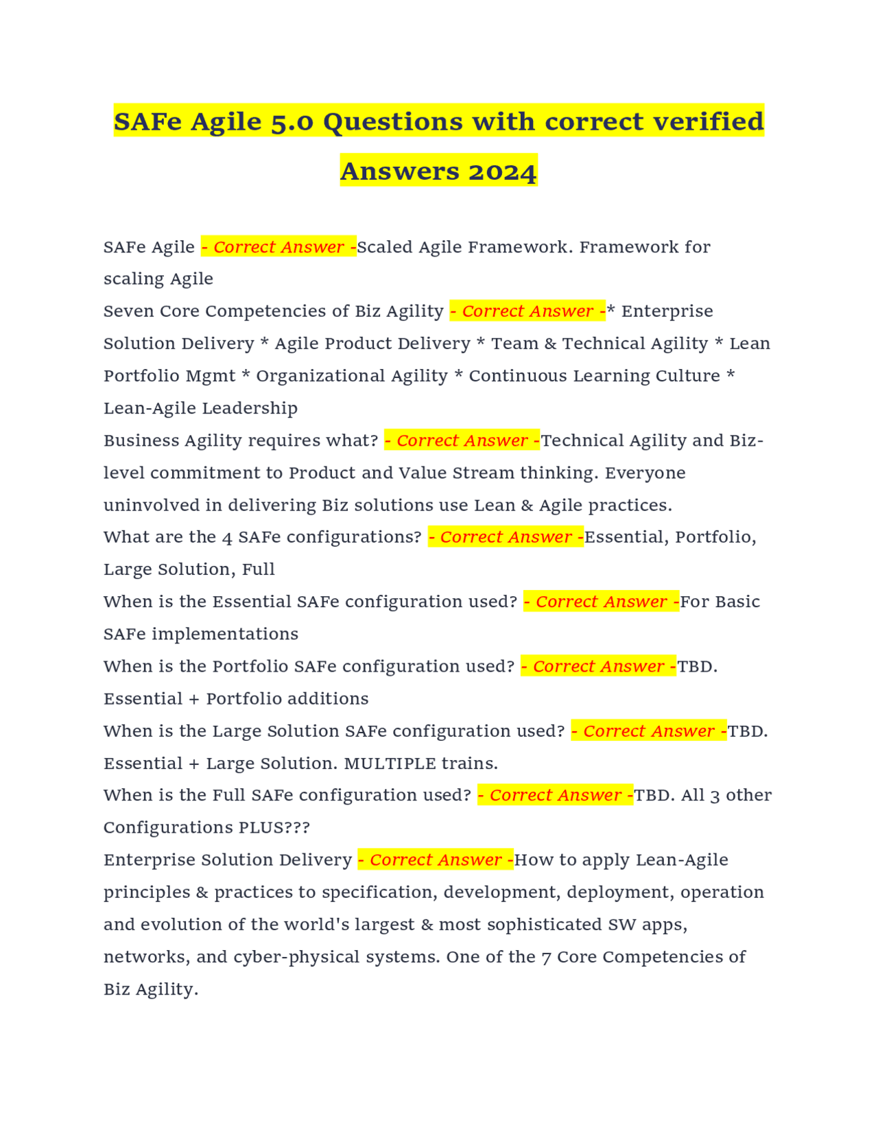 SAFe Agile 5.0 Questions with correct verified Answers 2024 | Exams ...