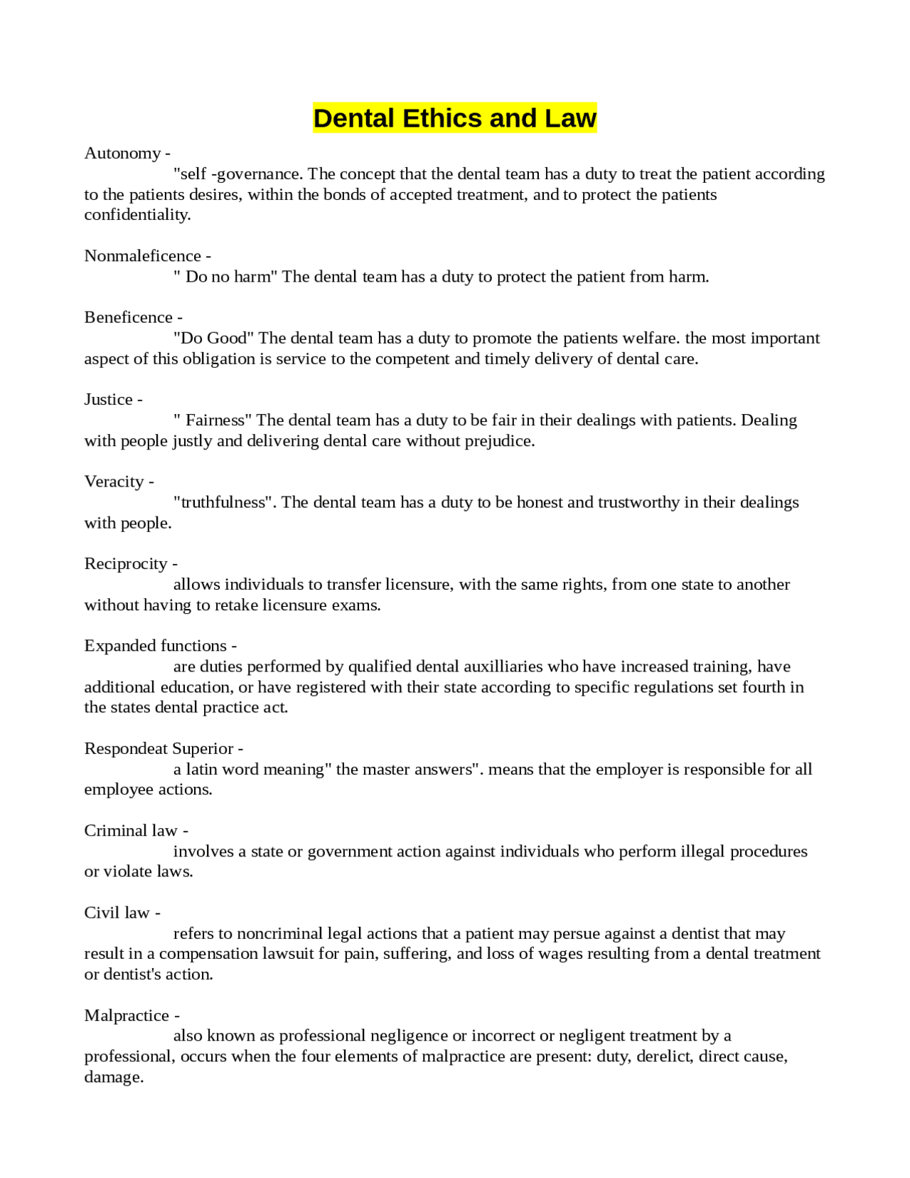 Ethical and Legal Principles in Dental Practice | Exams Dentistry | Docsity