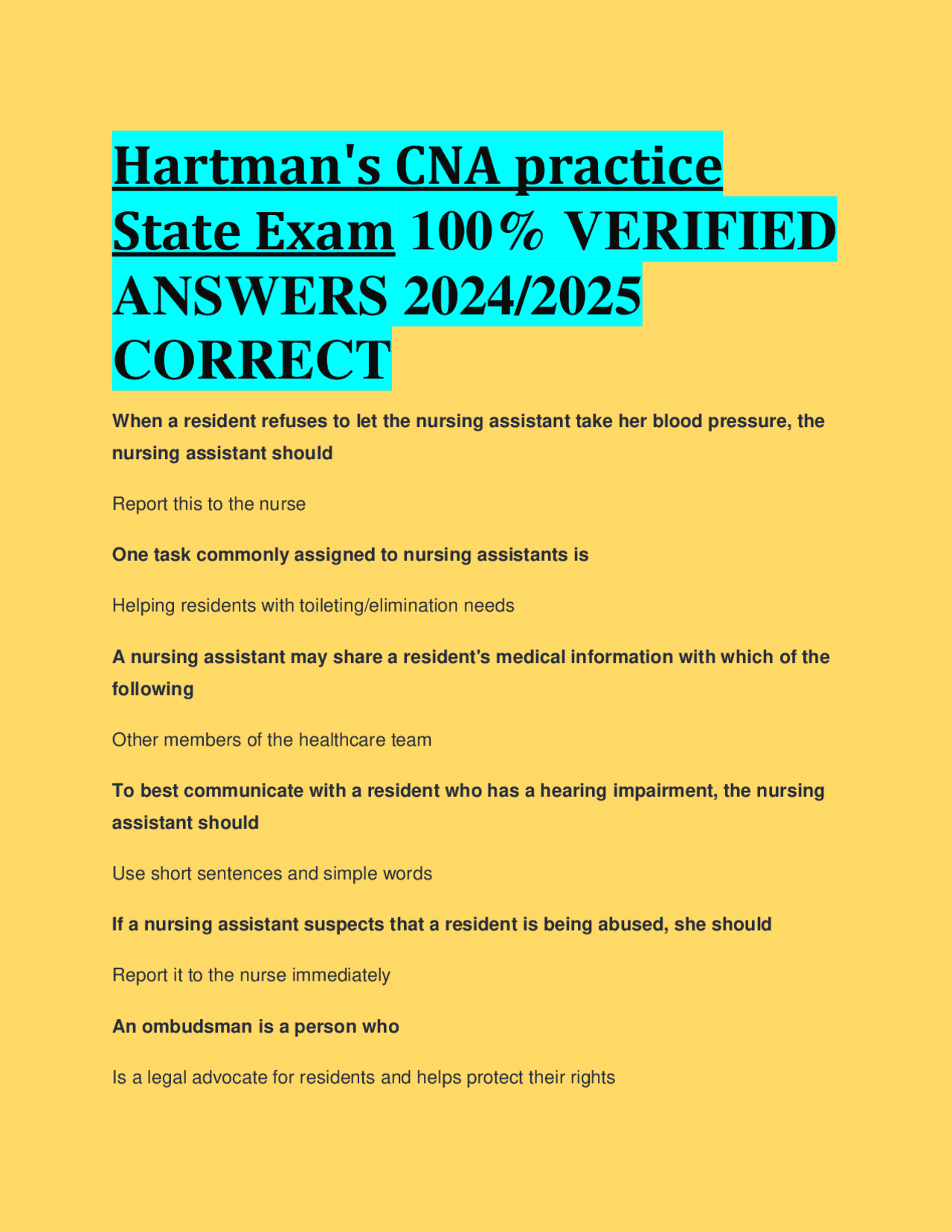 Hartman's CNA practice State Exam 100% VERIFIED ANSWERS 2024/2025 CORRECT | Exams Nursing | Docsity