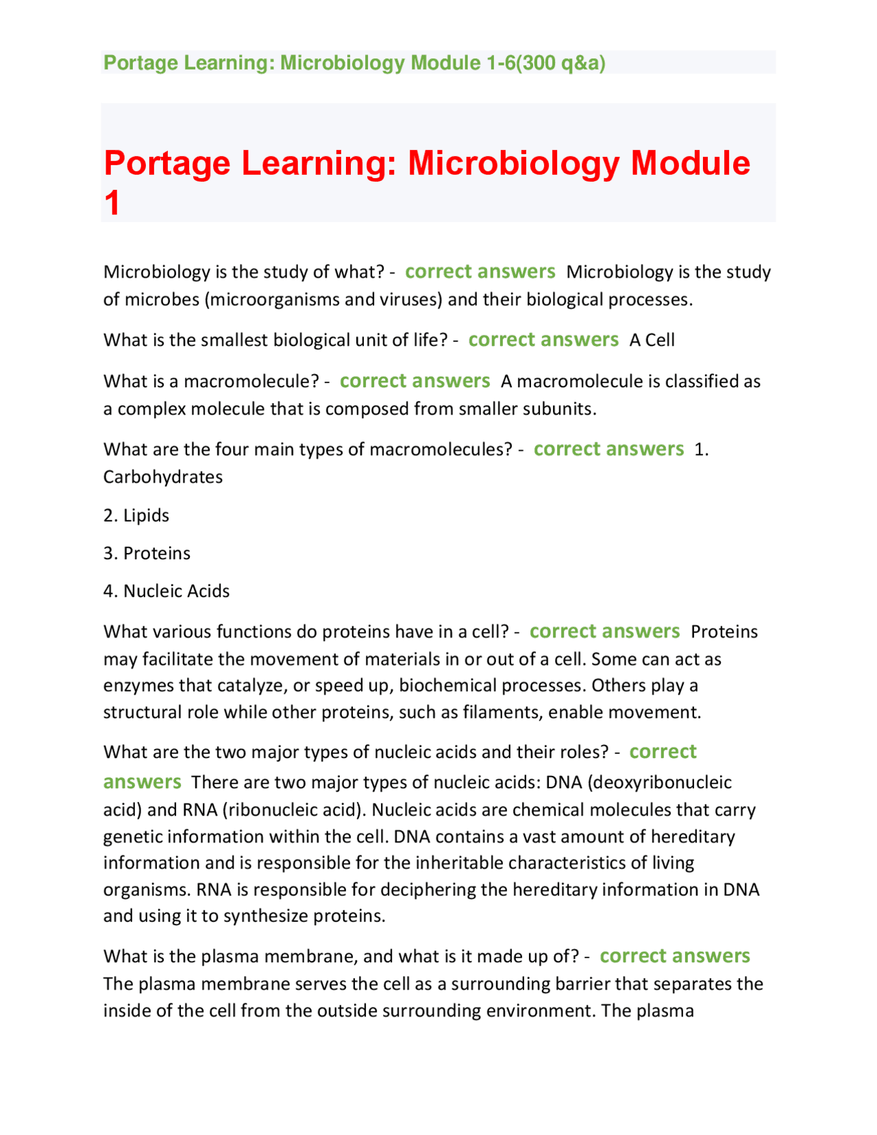 Portage Learning: Microbiology Module 1-6(300+ questions with correct ...