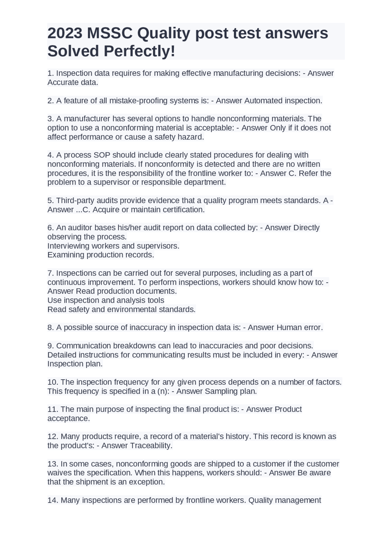 2023 MSSC Quality post test answers Solved Perfectly!. | Exams Nursing ...