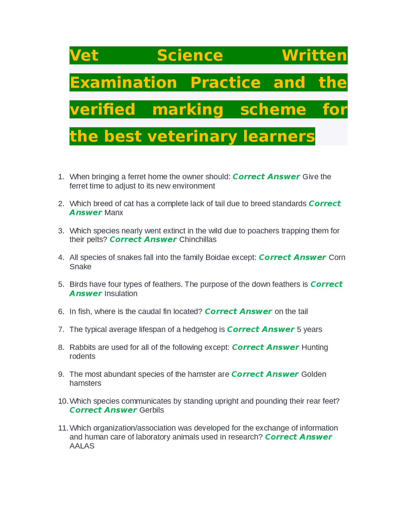 Vet Science Written Examination Practice and the verified marking ...