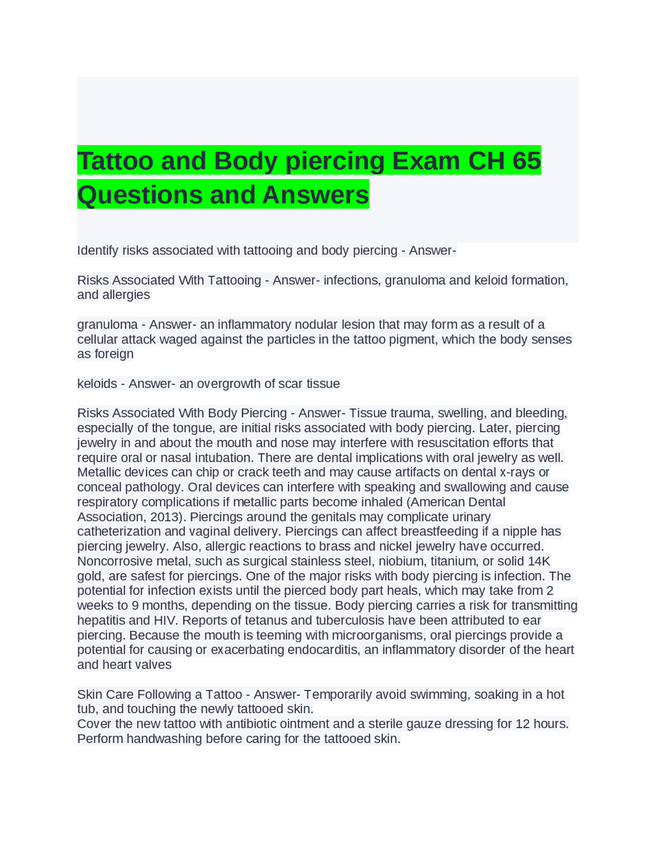 Tattoo and Body piercing Exam CH 65 Questions and Answers | Exams ...