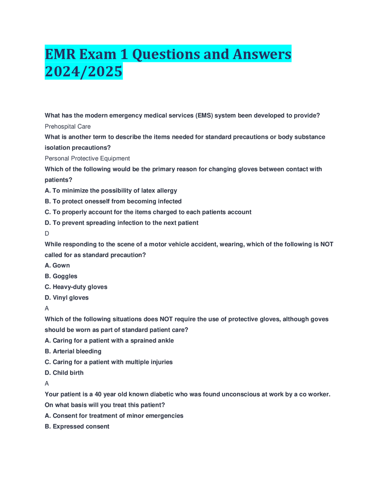 EMR Exam 1 Questions and Answers 2024/2025 | Exams Health sciences ...