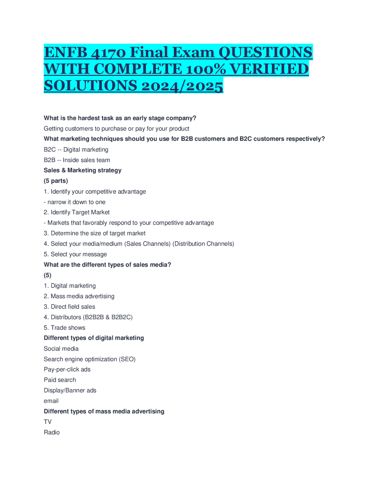ENFB 4170 Final Exam QUESTIONS WITH COMPLETE 100% VERIFIED SOLUTIONS ...