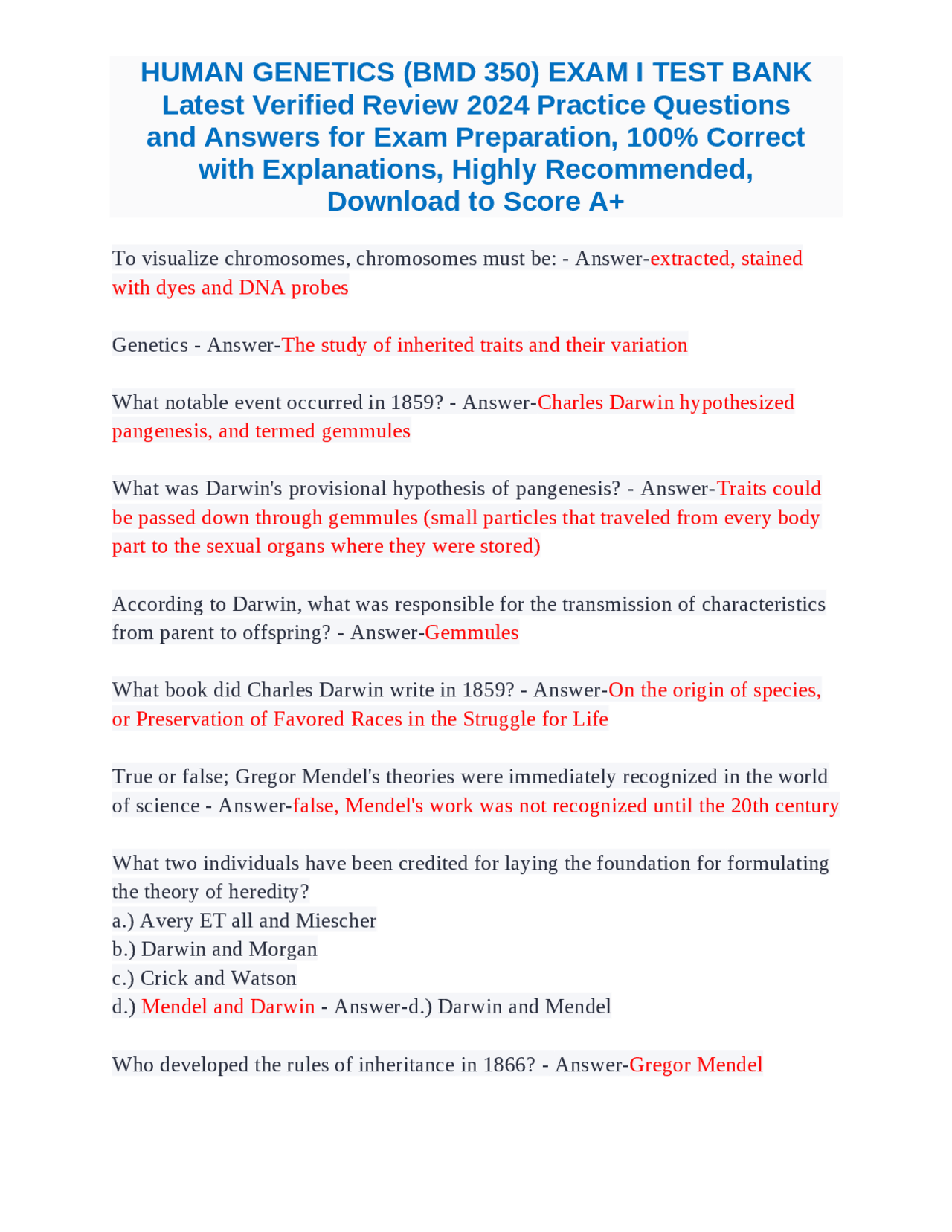 HUMAN GENETICS (BMD 350) EXAM I TEST BANK Latest Verified Review 2024 ...