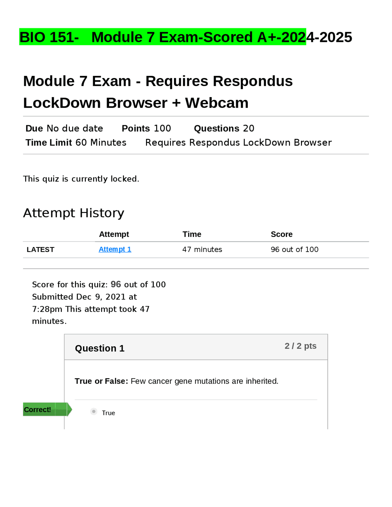 BIO 151- Module 7 Exam-Scored A+-2024-2025.docx | Exams Biology | Docsity