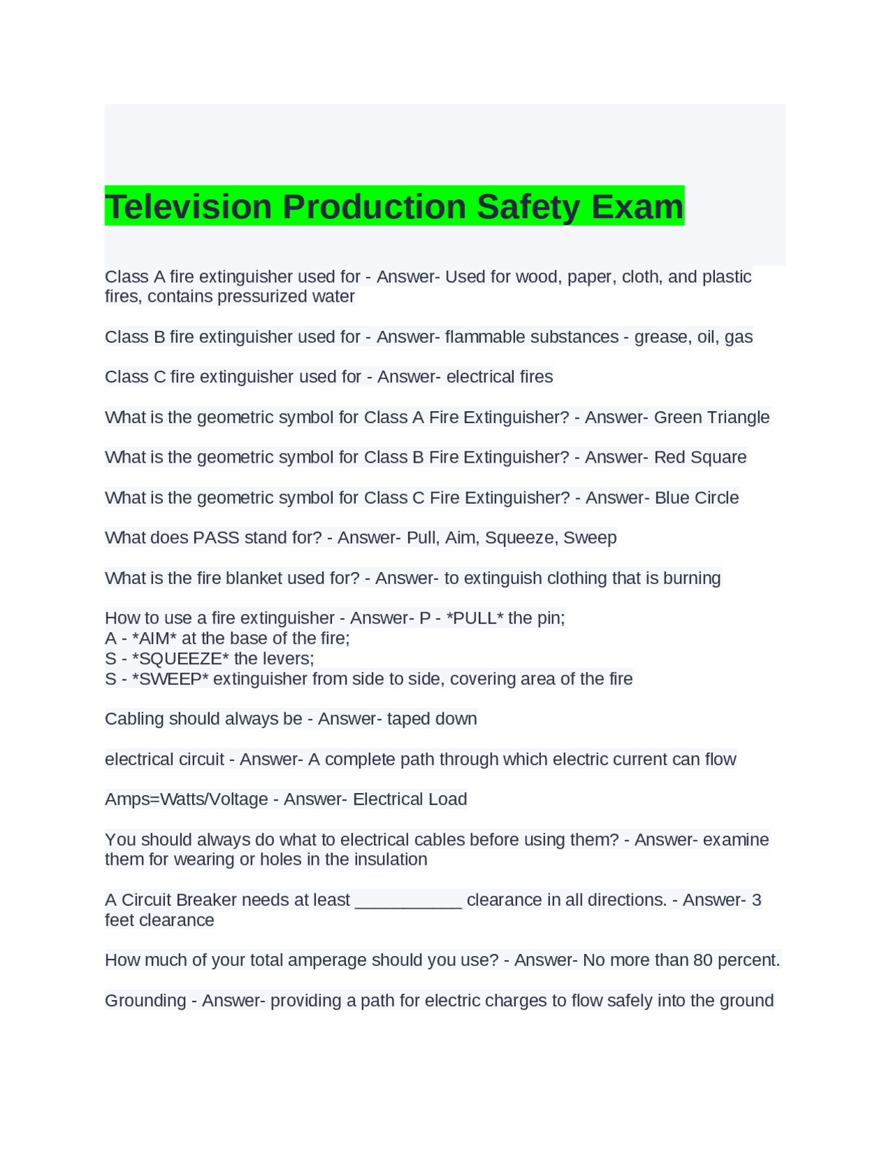 Television Production Safety Exam with complete solutions | Exams ...