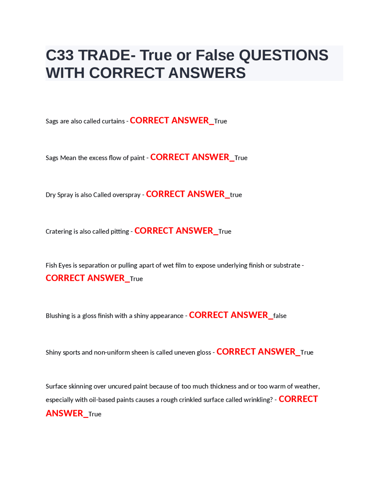 C33 TRADE- True or False QUESTIONS WITH CORRECT ANSWERS | Exams Nursing ...