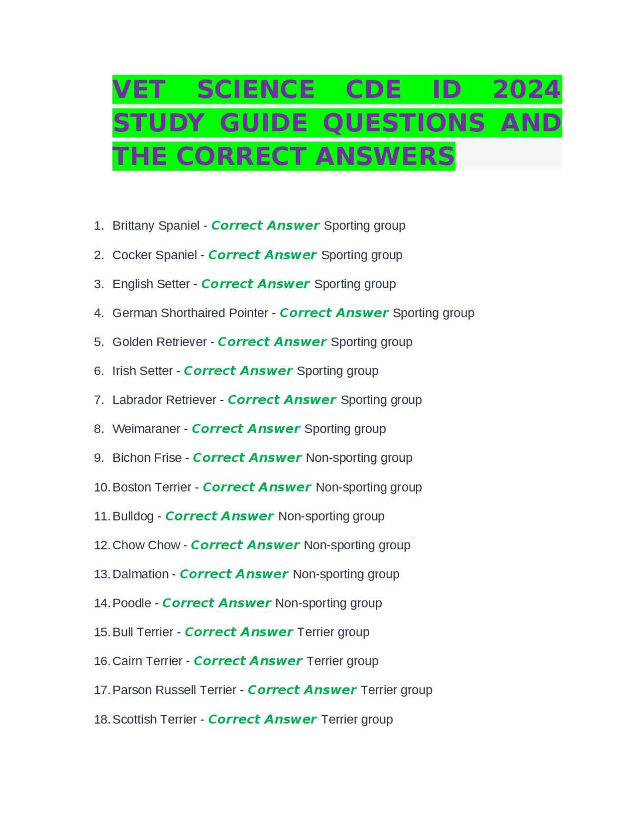 VET SCIENCE CDE ID 2024 STUDY GUIDE QUESTIONS AND THE CORRECT ANSWERS ...