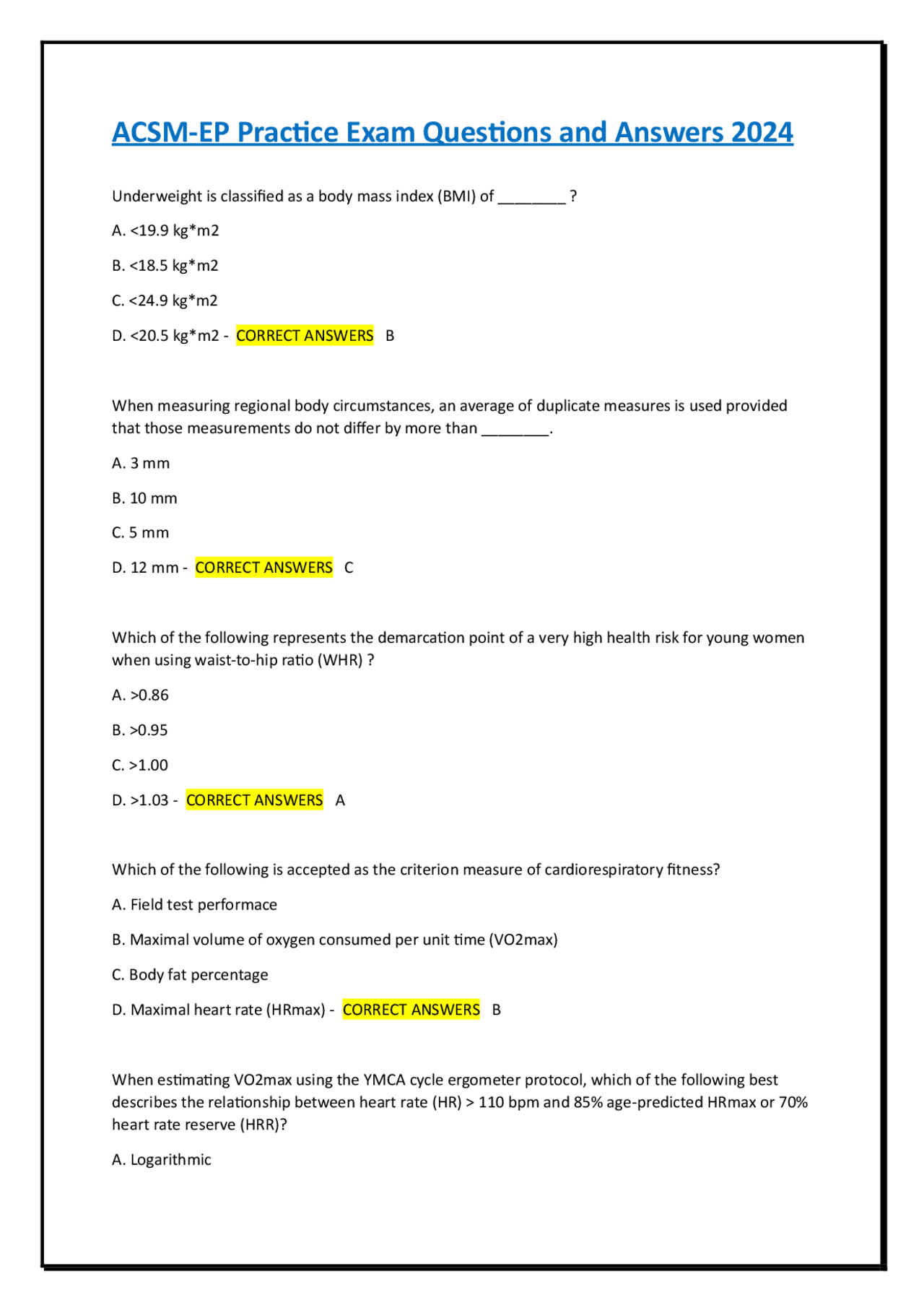 ACSM-EP Practice Exam Questions and Answers 2024 | Exams Nursing | Docsity
