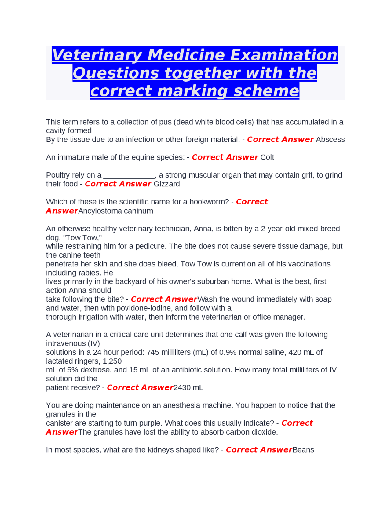 Veterinary Medicine Examination Questions together with the correct ...