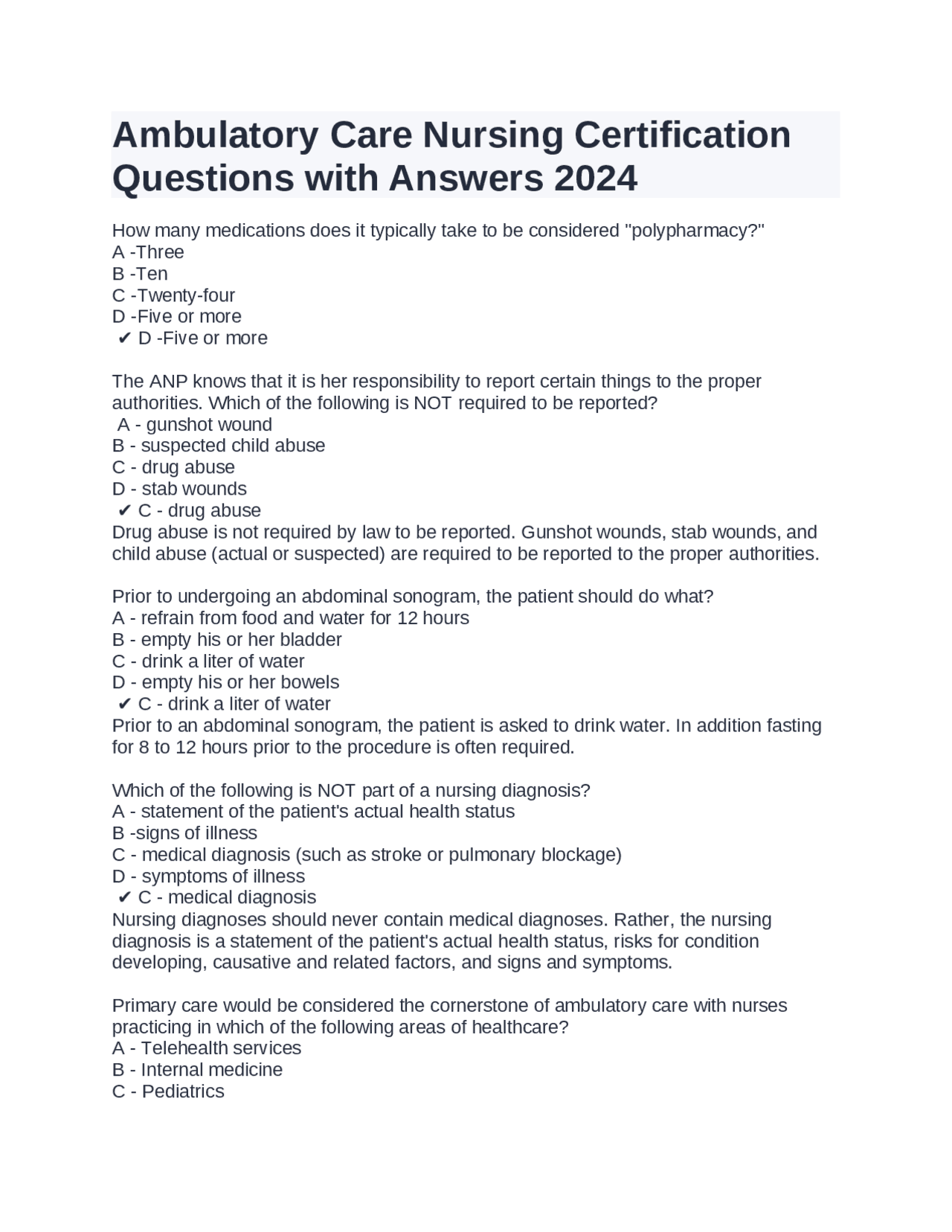 Ambulatory Care Nursing Certification Questions with Answers 2024 ...