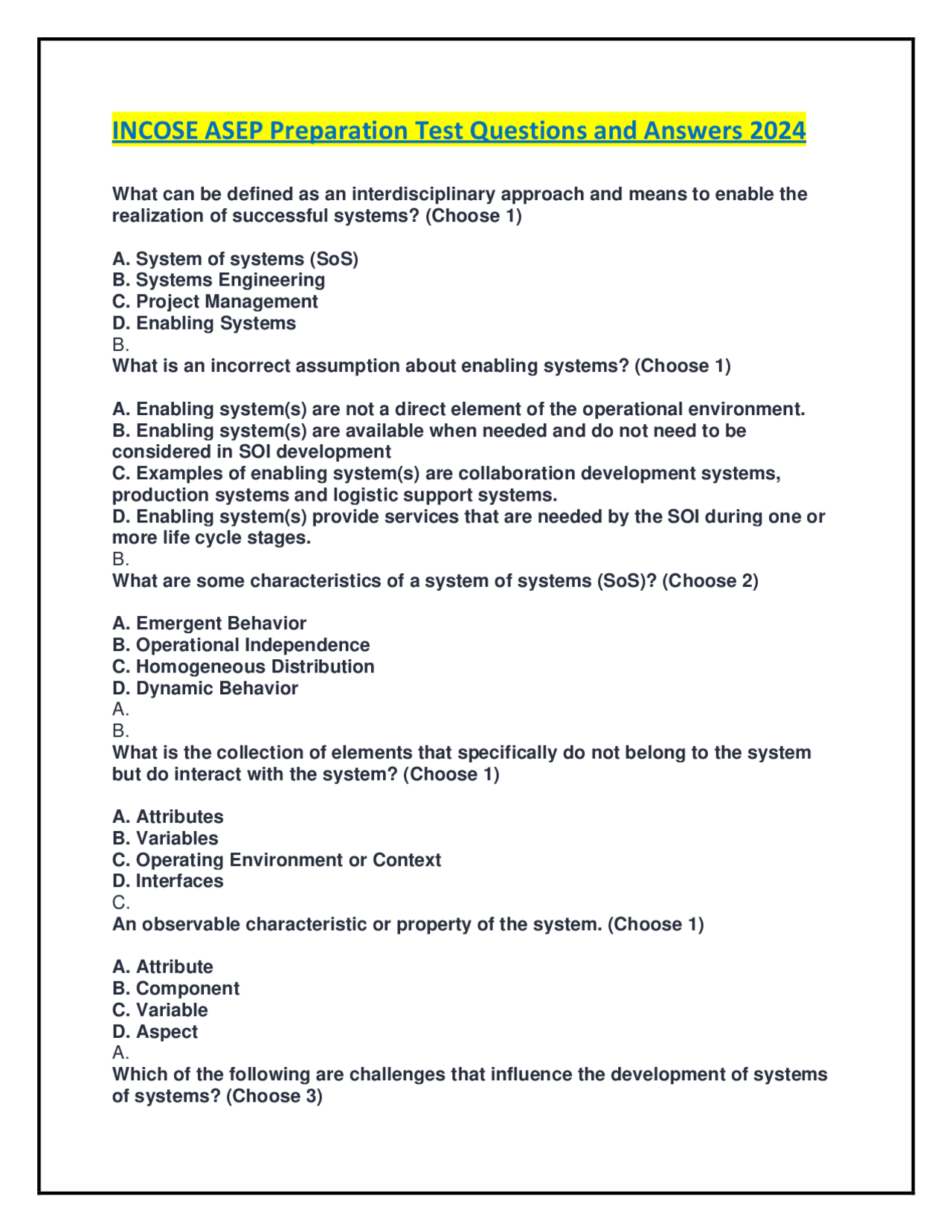 INCOSE ASEP Preparation Test Questions and Answers 2024 | Exams Nursing ...